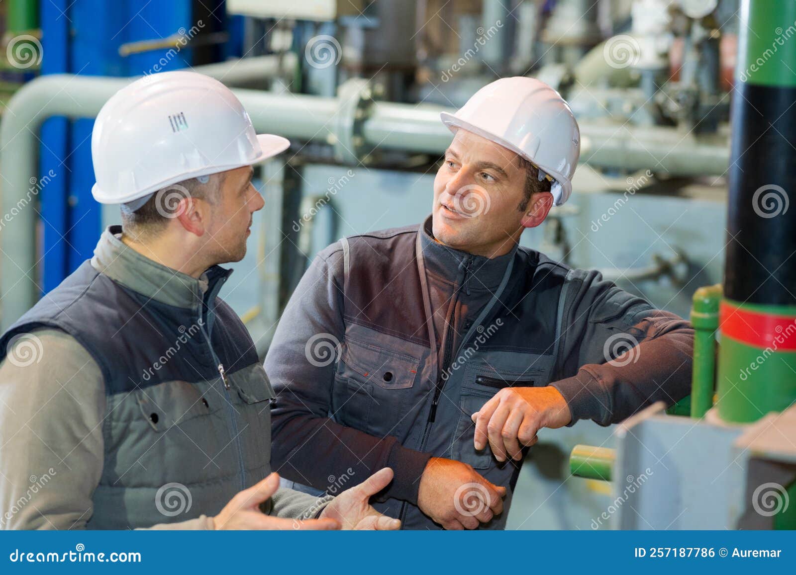 Male Supervisor with Worker Discussing in Factory Stock Photo - Image ...