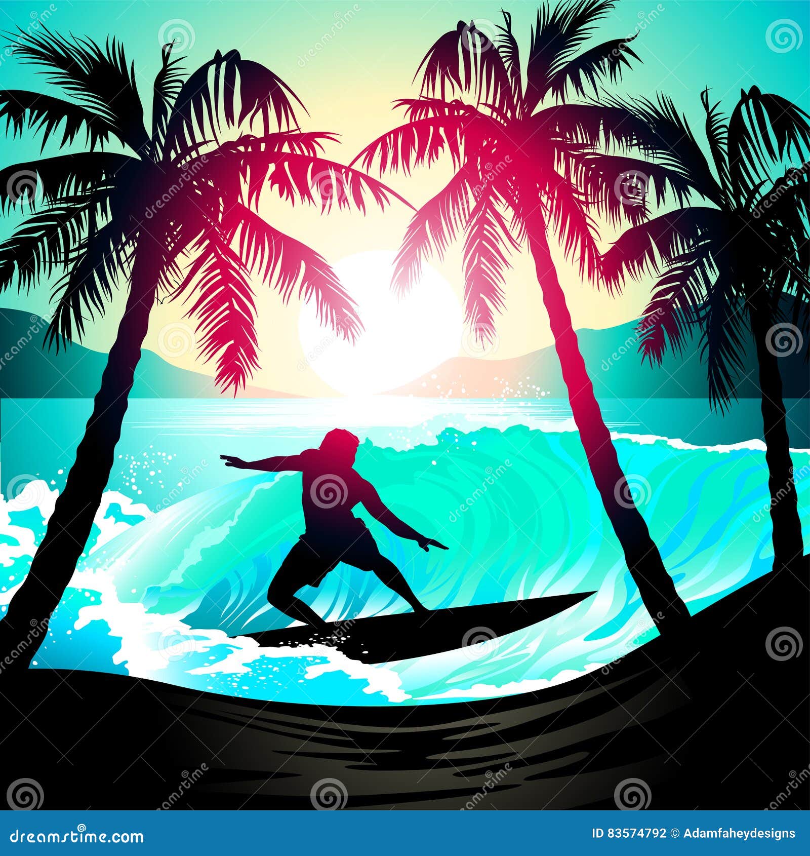 Tropical Beach At Sunset Surfing Illustration Royalty-Free Illustration ...
