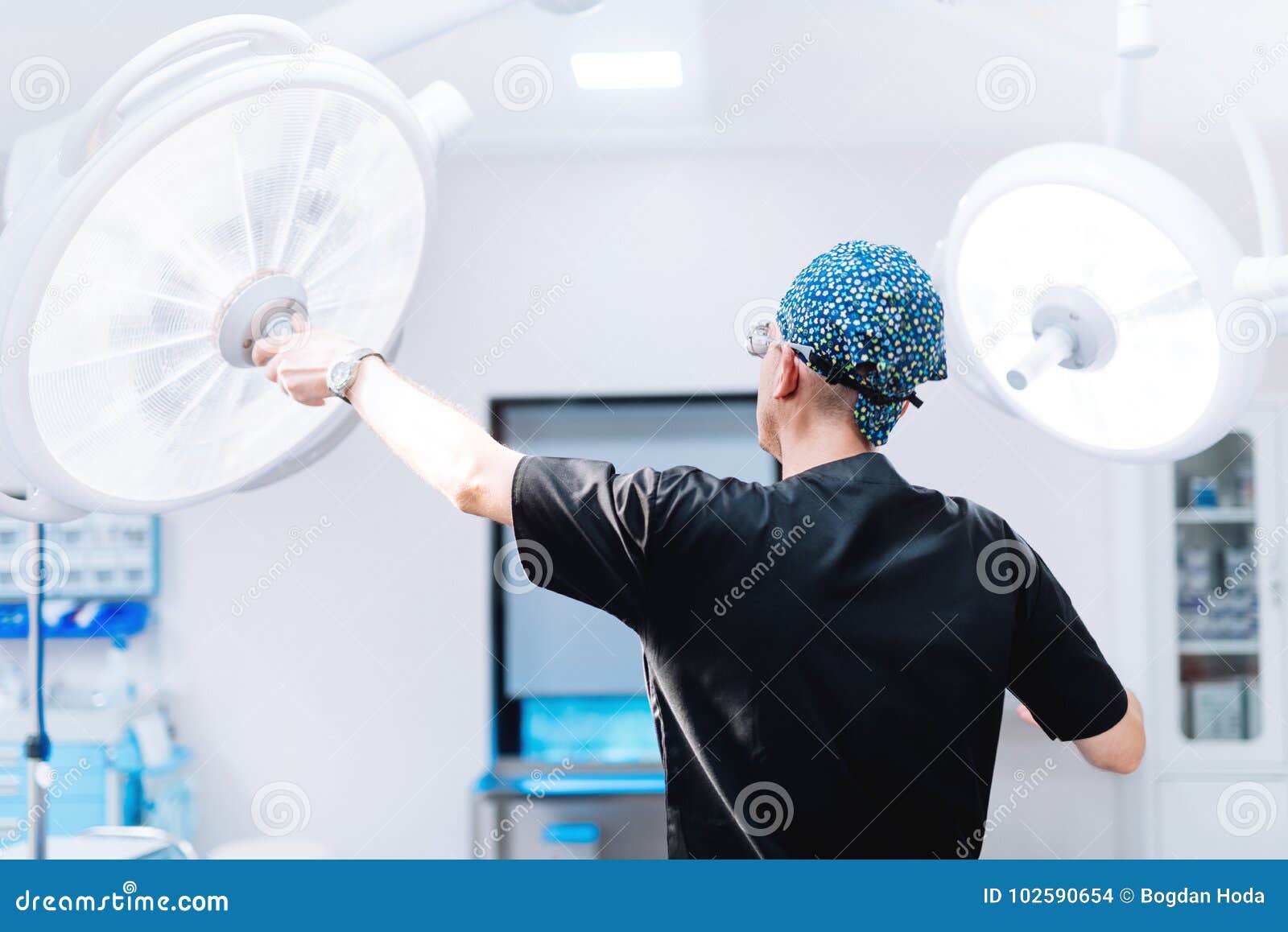 Surgeon Getting Ready for Surgery, Fixing Lamps and Adjusting Light in ...