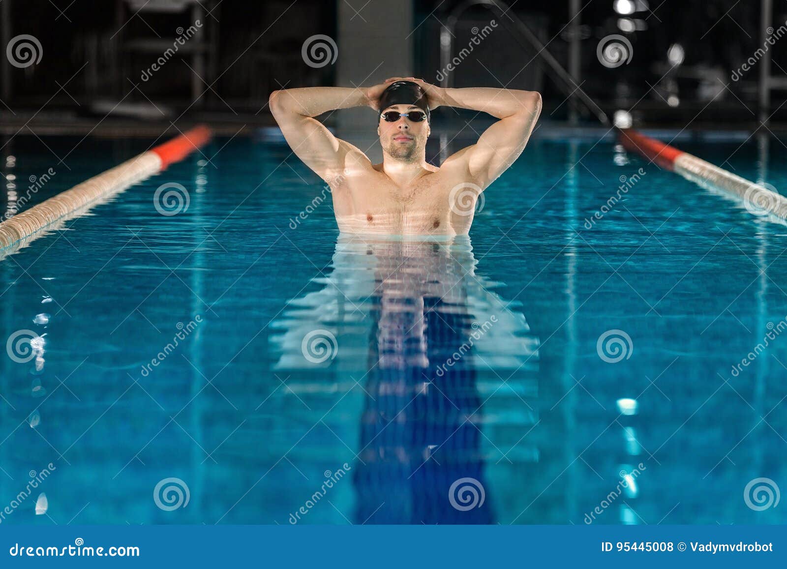 Male Swimmer Standing in Pool Stock Photo - Image of indoors, male ...