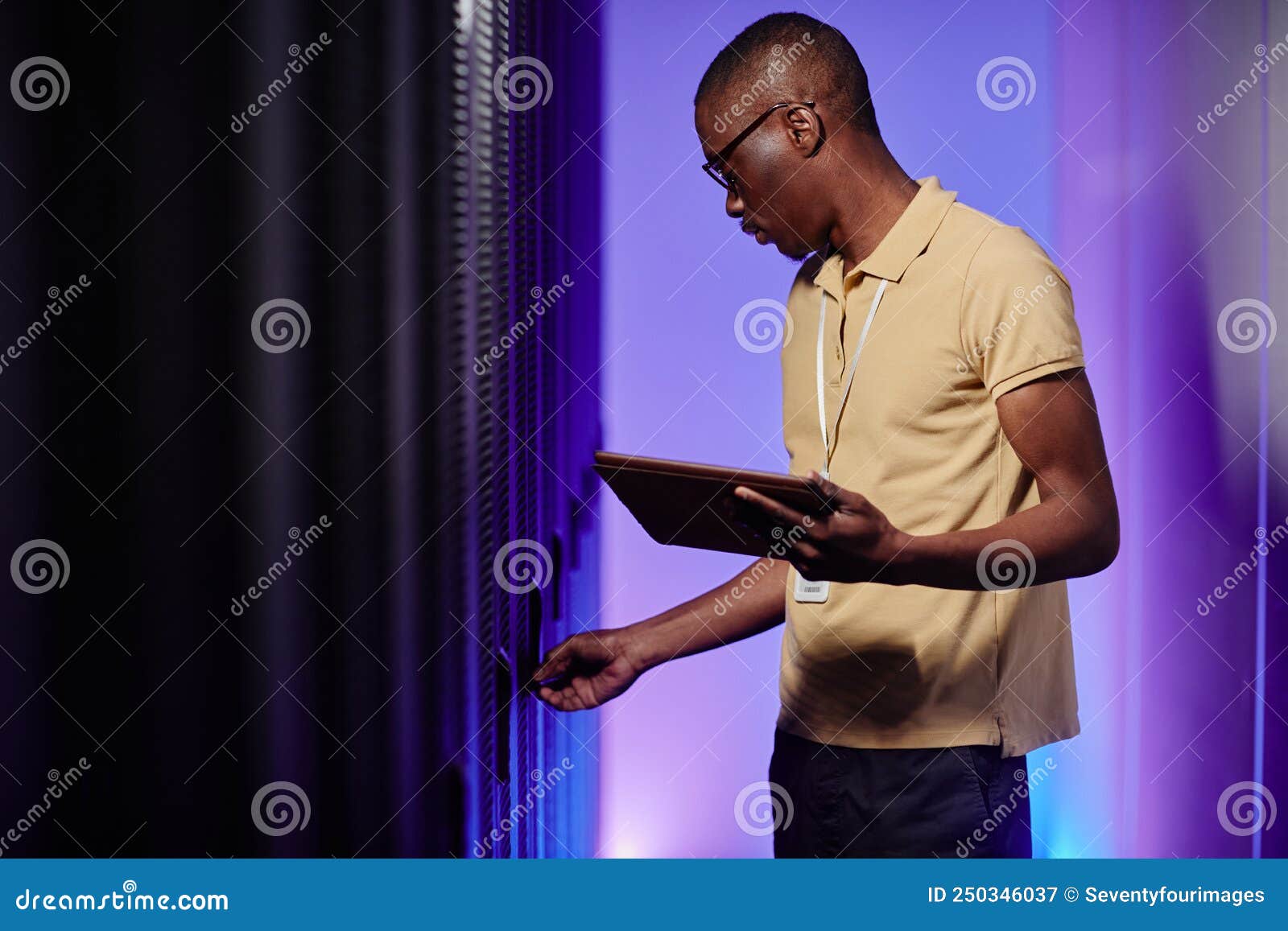 Male System Admin in Neon Server Room Stock Image - Image of equipment ...