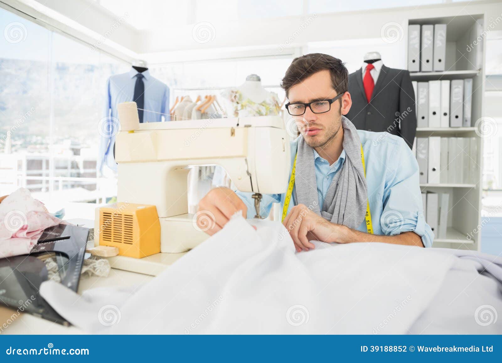 Male Tailor Sewing in Workshop Stock Photo - Image of design, fabric ...