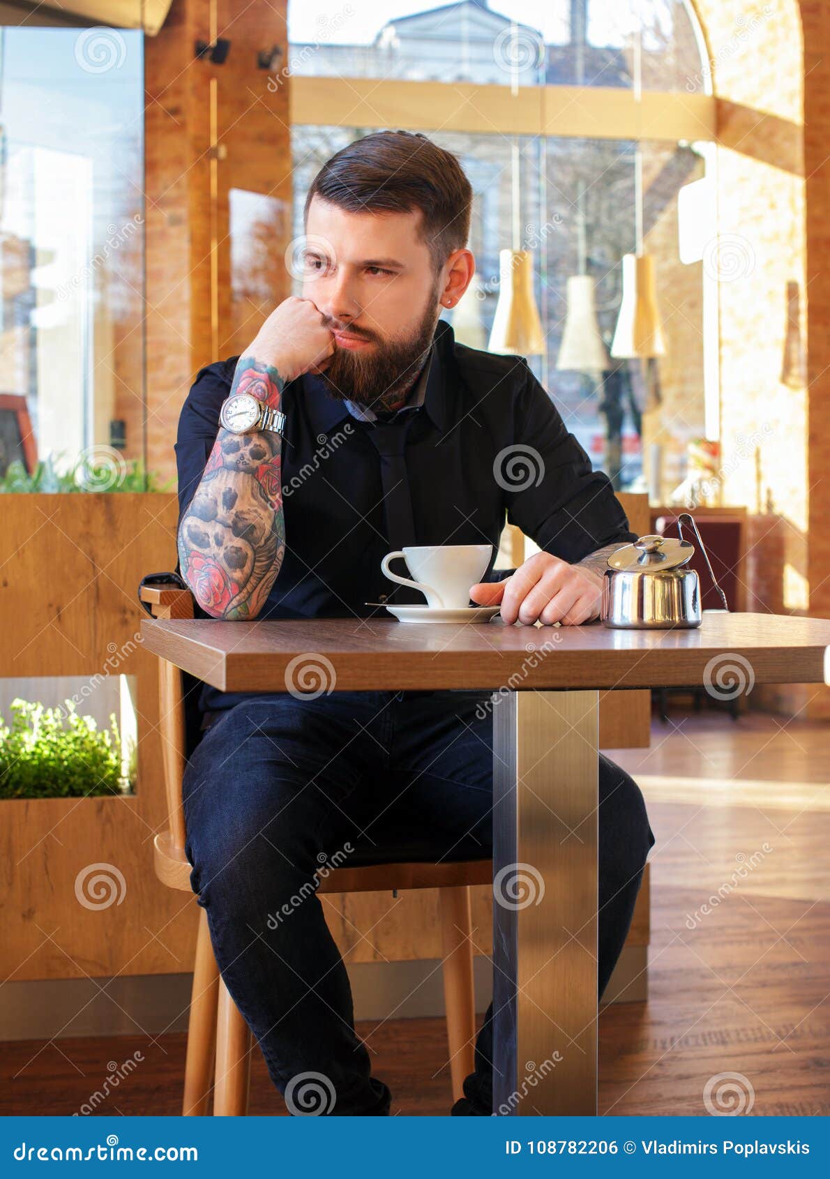 Guy with Tattoos Drinking Coffee. Stock Photo - Image of beard ...