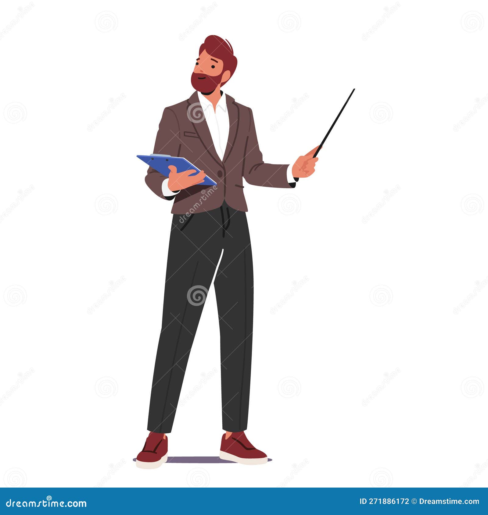 Male Teacher Character Holding Pointer and Clipboard while Explain ...