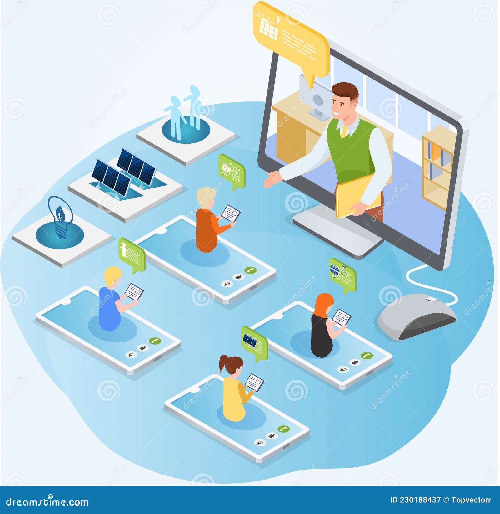 Male Teacher on Tablet Screen Leading Lesson. School Education, E ...