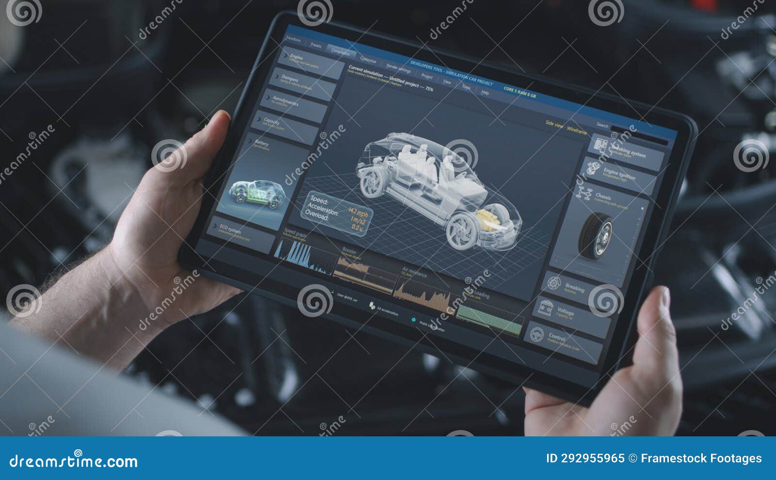 Male Technician Holds Tablet with Simulation of Car Diagnostics and ...