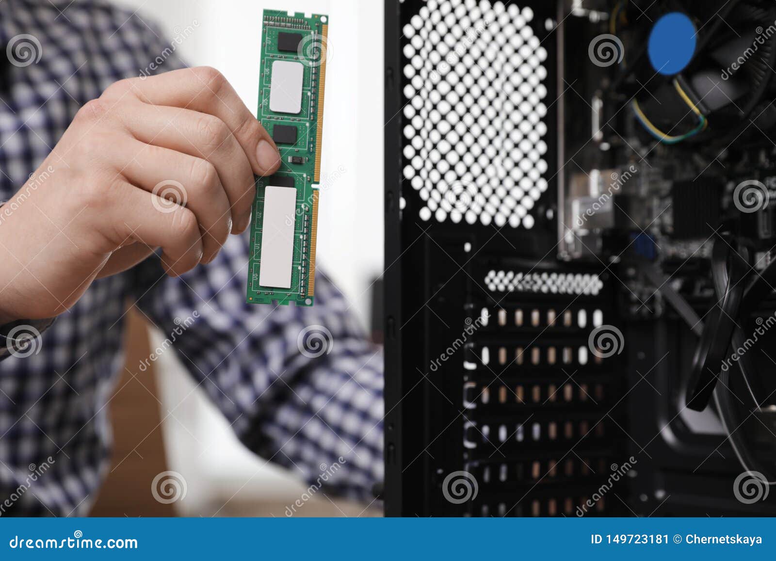 Male Technician Putting RAM Chip into System Unit. Computer Repair ...