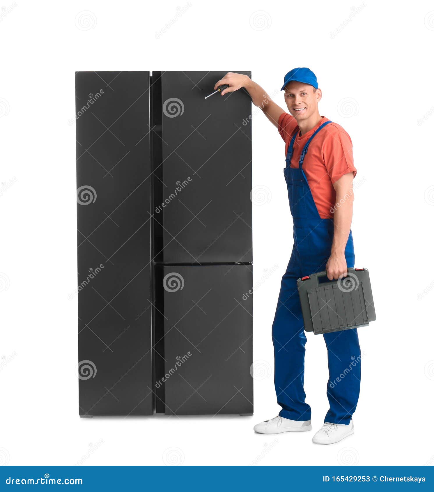 Male Technician with Tool Box Near Refrigerator on Background Stock ...