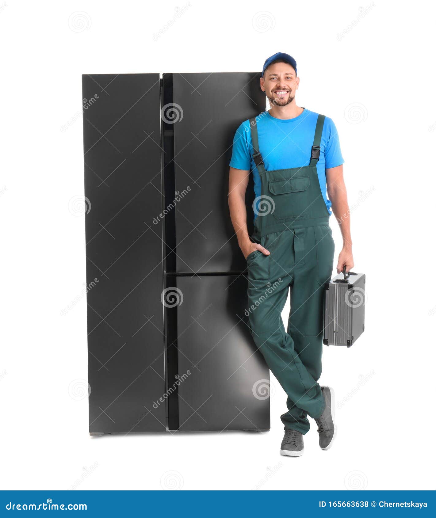 Male Technician with Tool Box Near Refrigerator on White Stock Photo ...