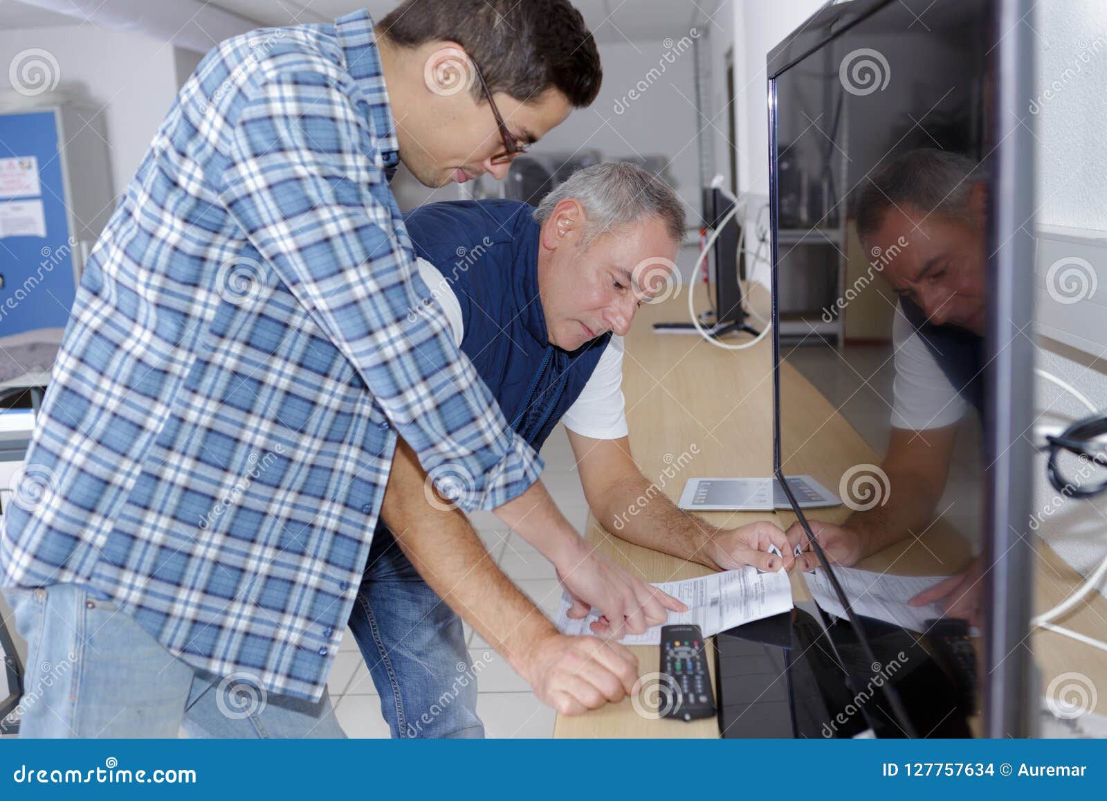 Male Technicians Checking Television Stock Photo - Image of television ...