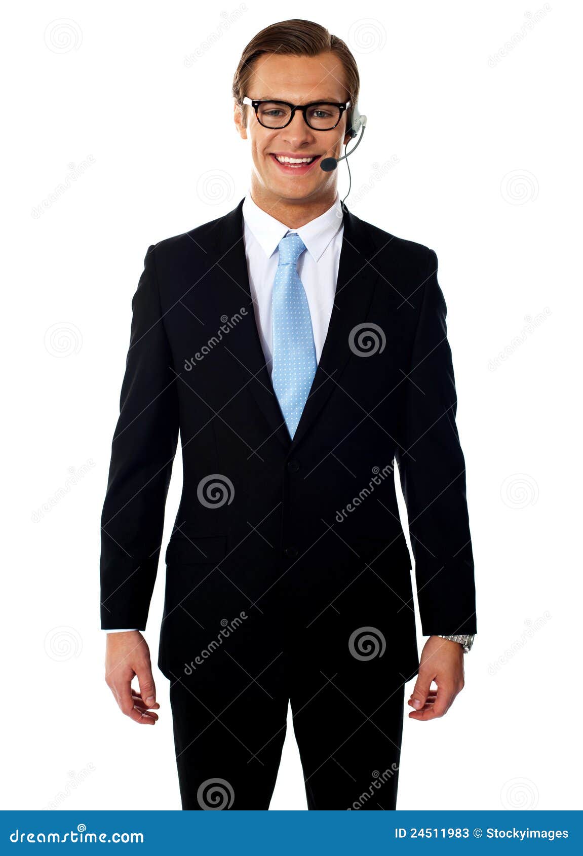 Male Telemarketer Posing in Headsets, Smiling Stock Image - Image of ...
