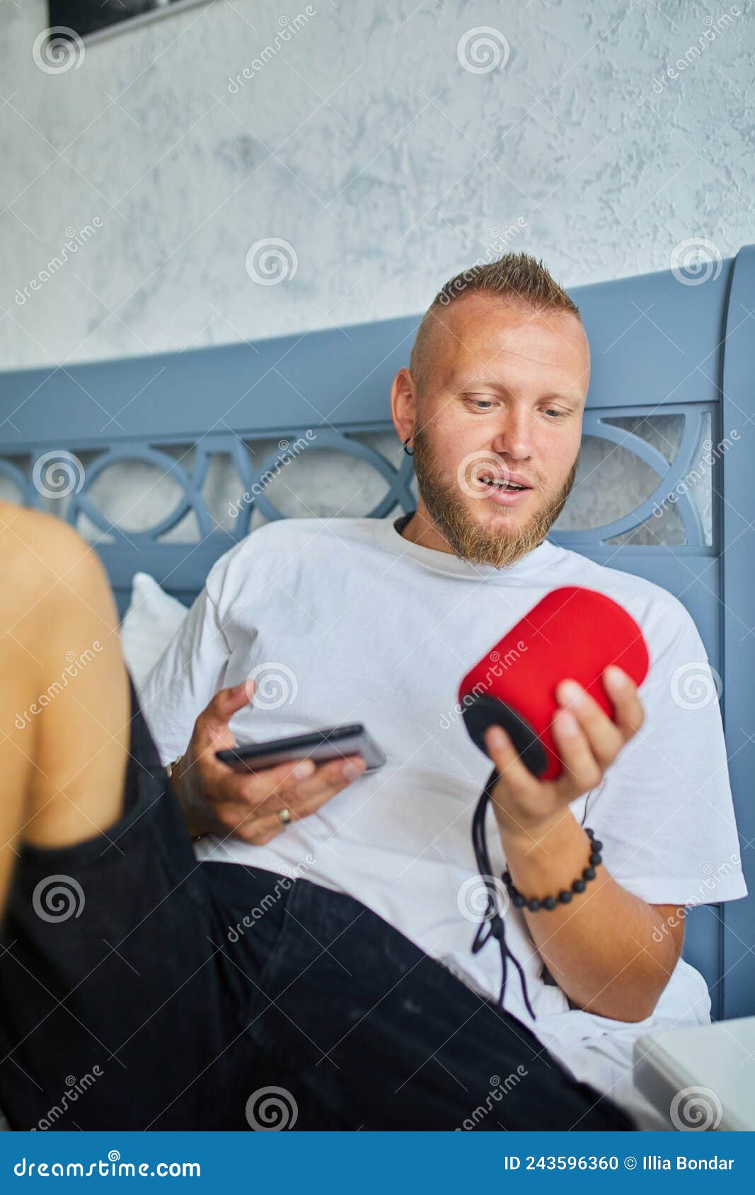 Male Testing Talking Smart Wireless Speaker, Man Controlling Home ...