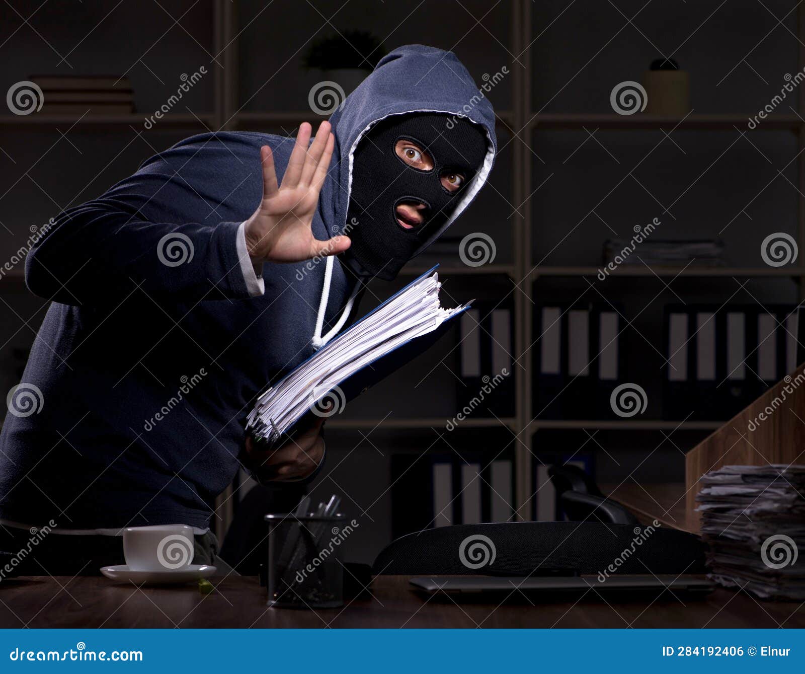 Male Thief in Balaclava in the Office Night Time Stock Photo - Image of ...