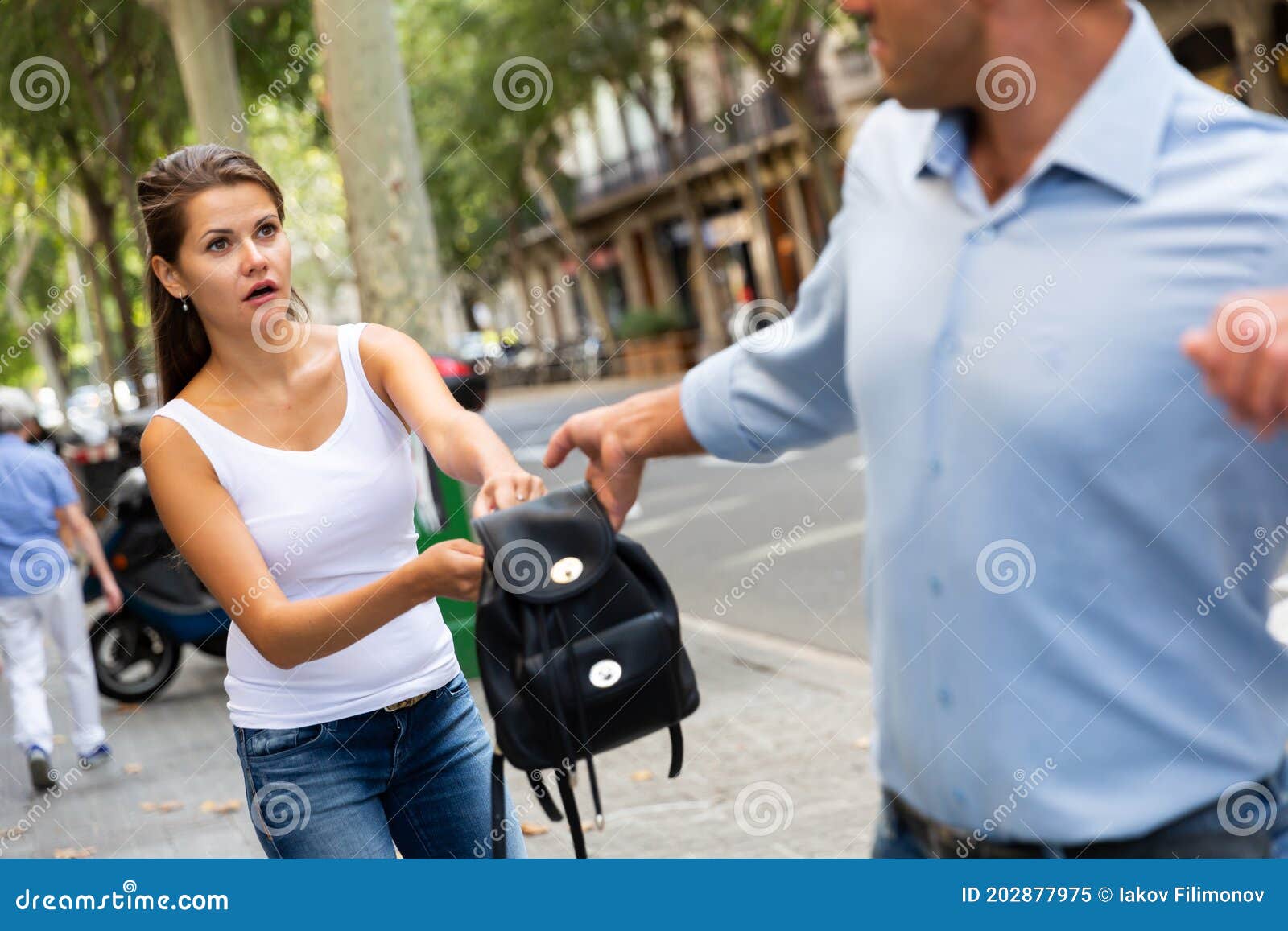 Thief Stealing Bag From Scared Woman Stock Image Image Of European