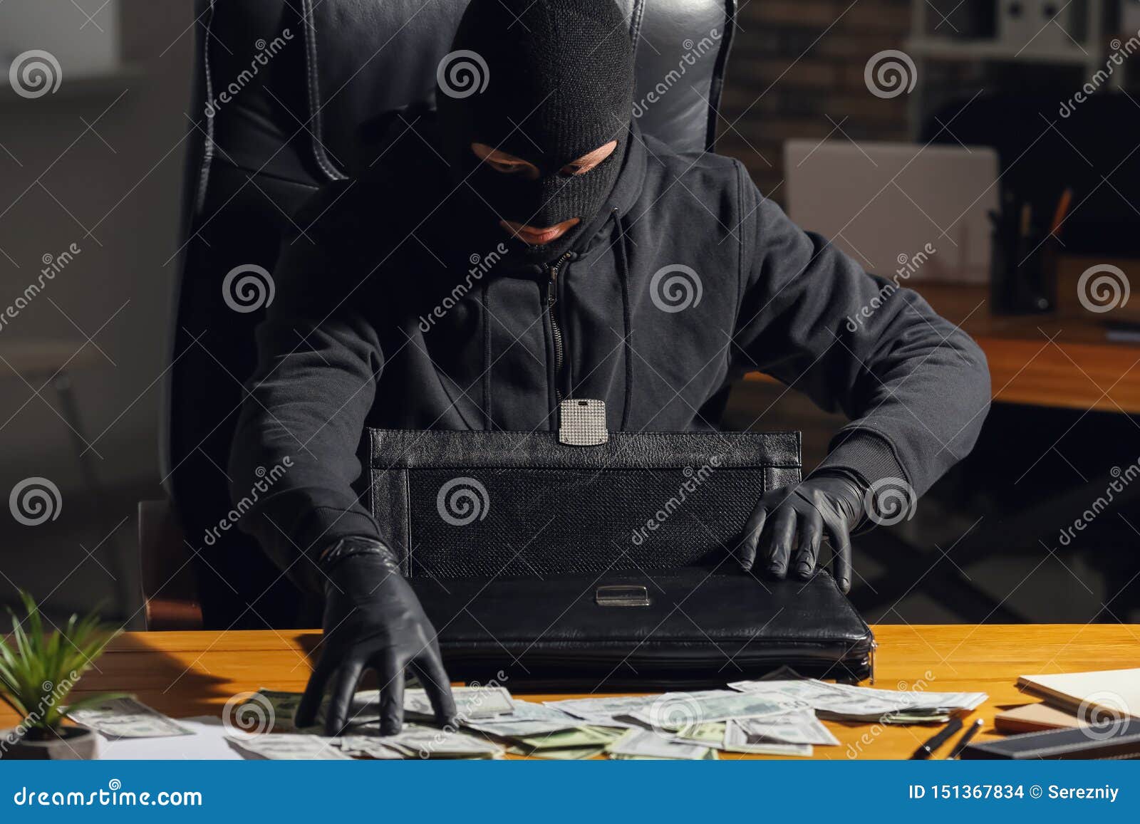 Male Thief Stealing Briefcase with Money in Office Stock Photo - Image ...