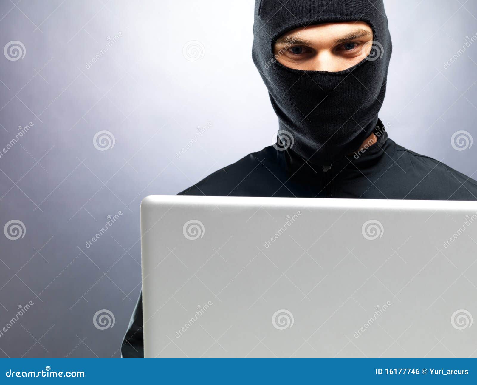 Male Thief Stealing Data from Laptop Stock Photo - Image of cyber ...
