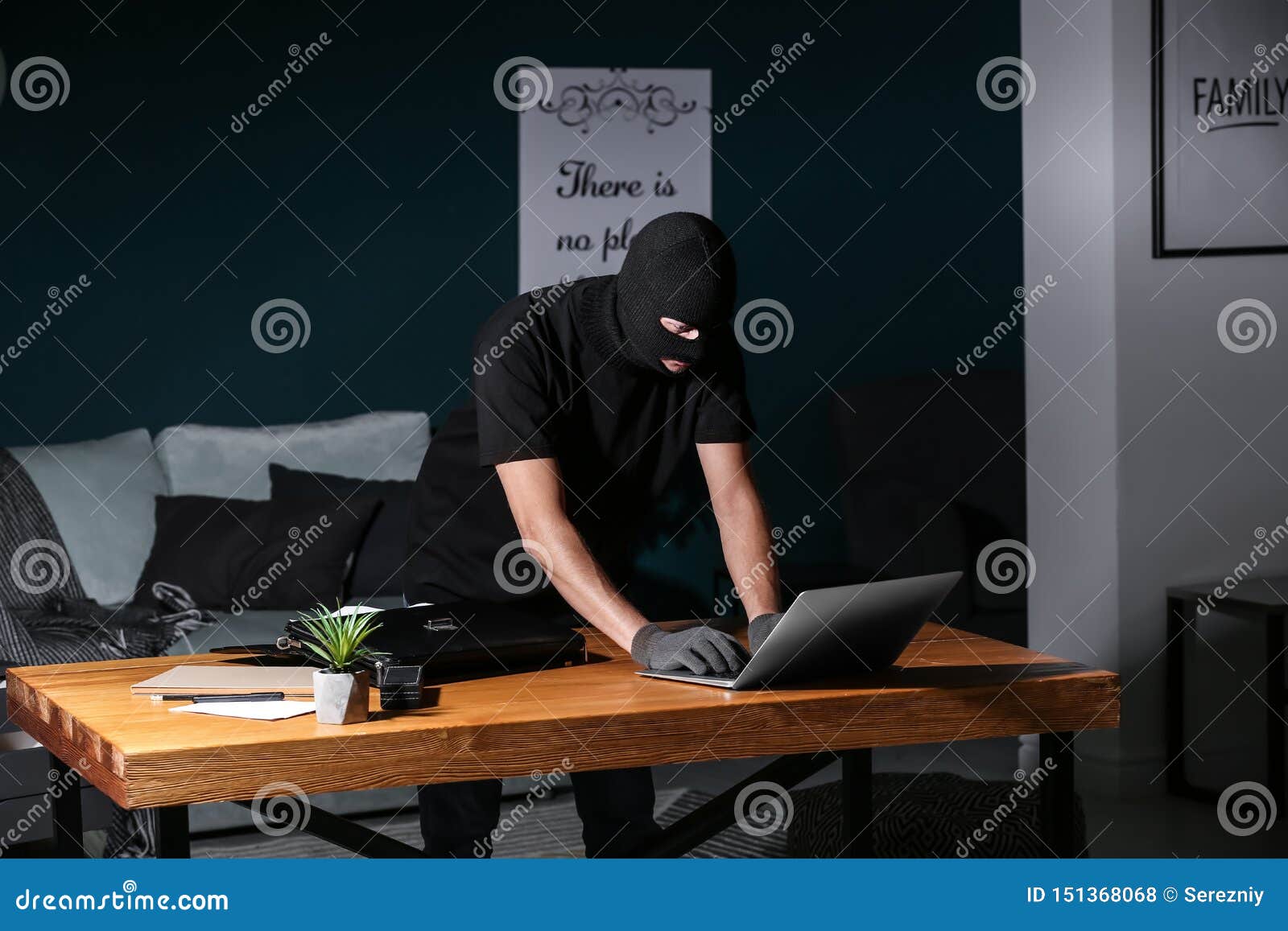 Male Thief Using Laptop Indoors Stock Photo - Image of computer, money ...