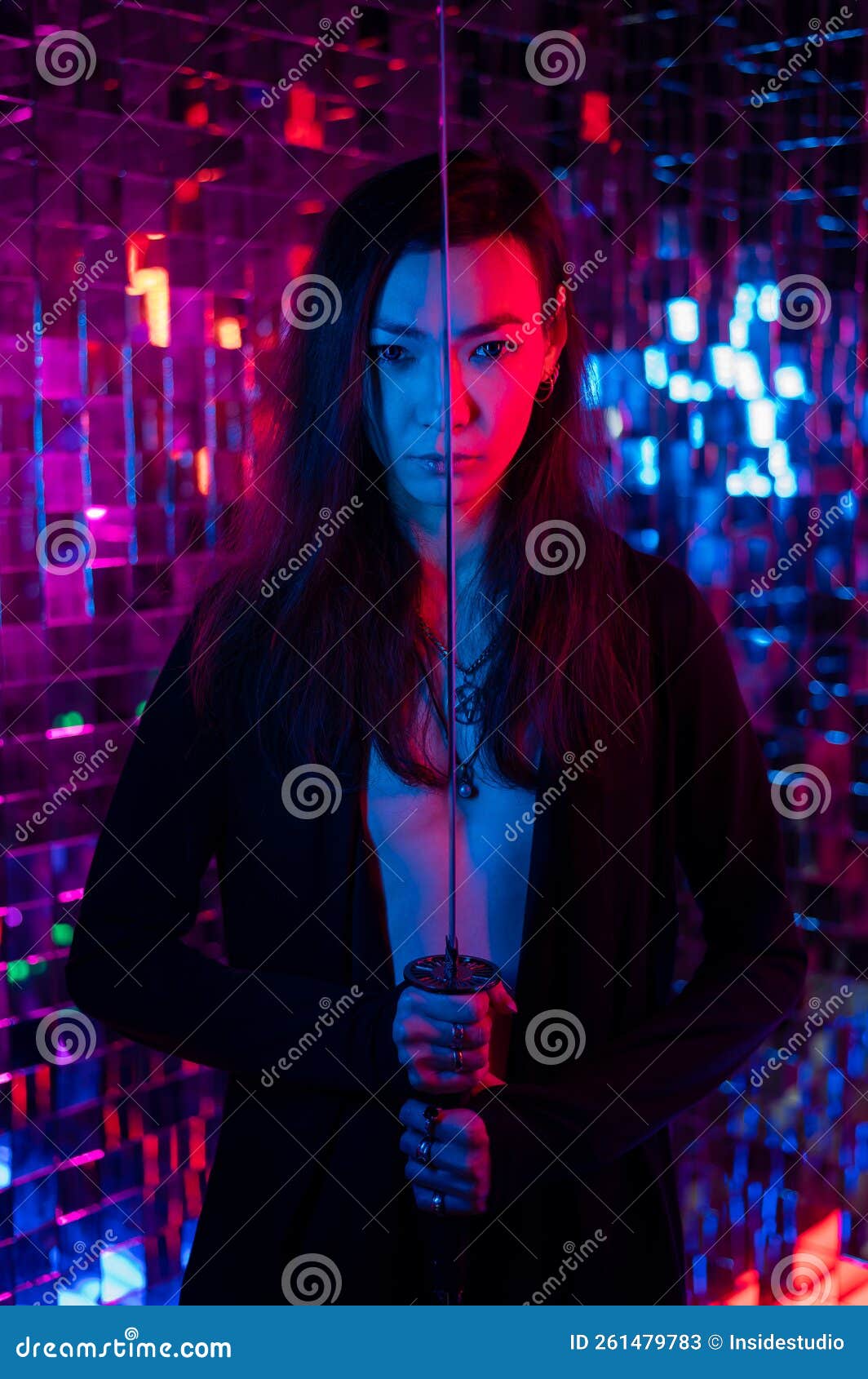 Male Transgender Neon Light Studio. Asian with Samurai Sword. Stock ...