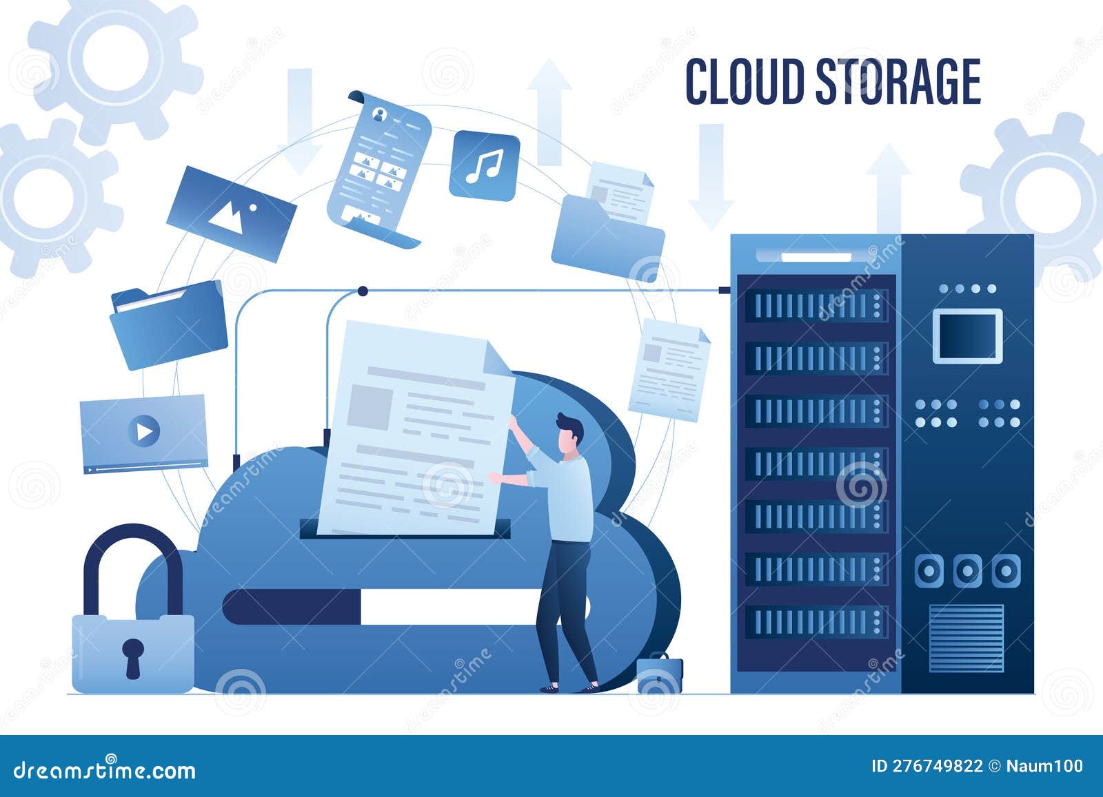 Male User Puts File in Cloud Storage. Upload and Download Data with ...