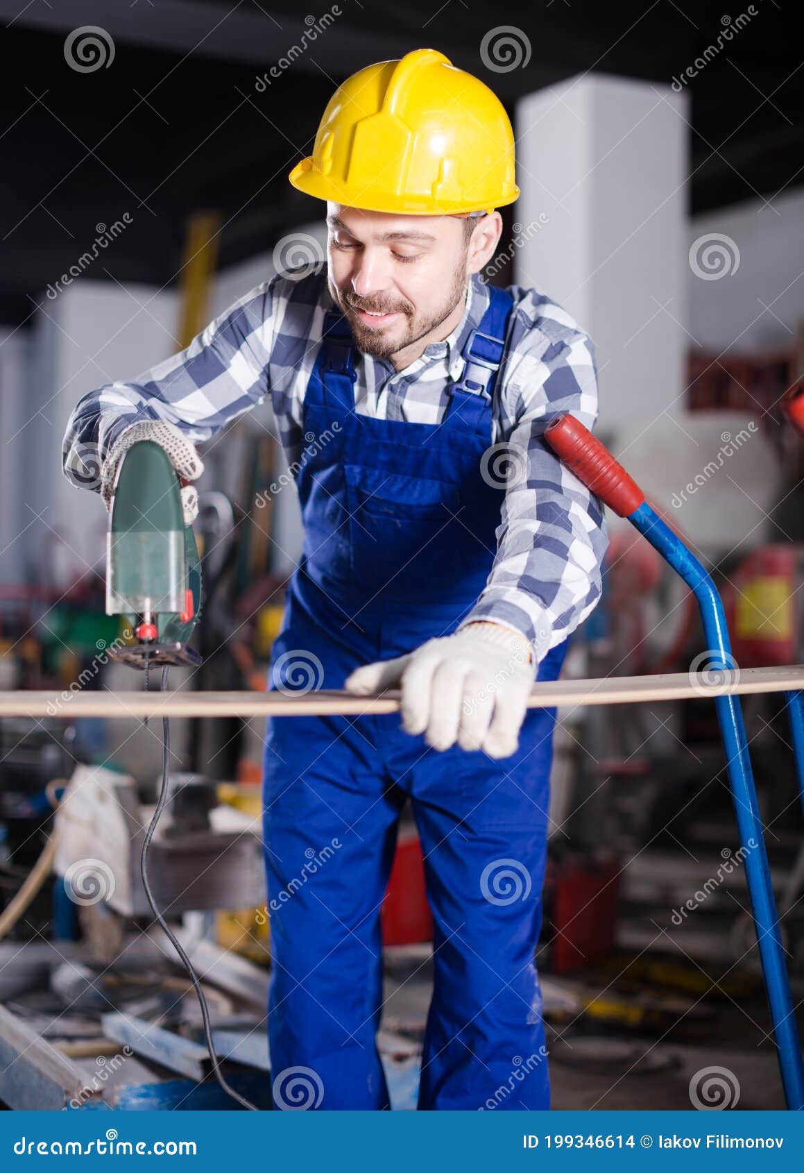 Male is Using Power Jigsaw for Construction Work Stock Photo - Image of ...