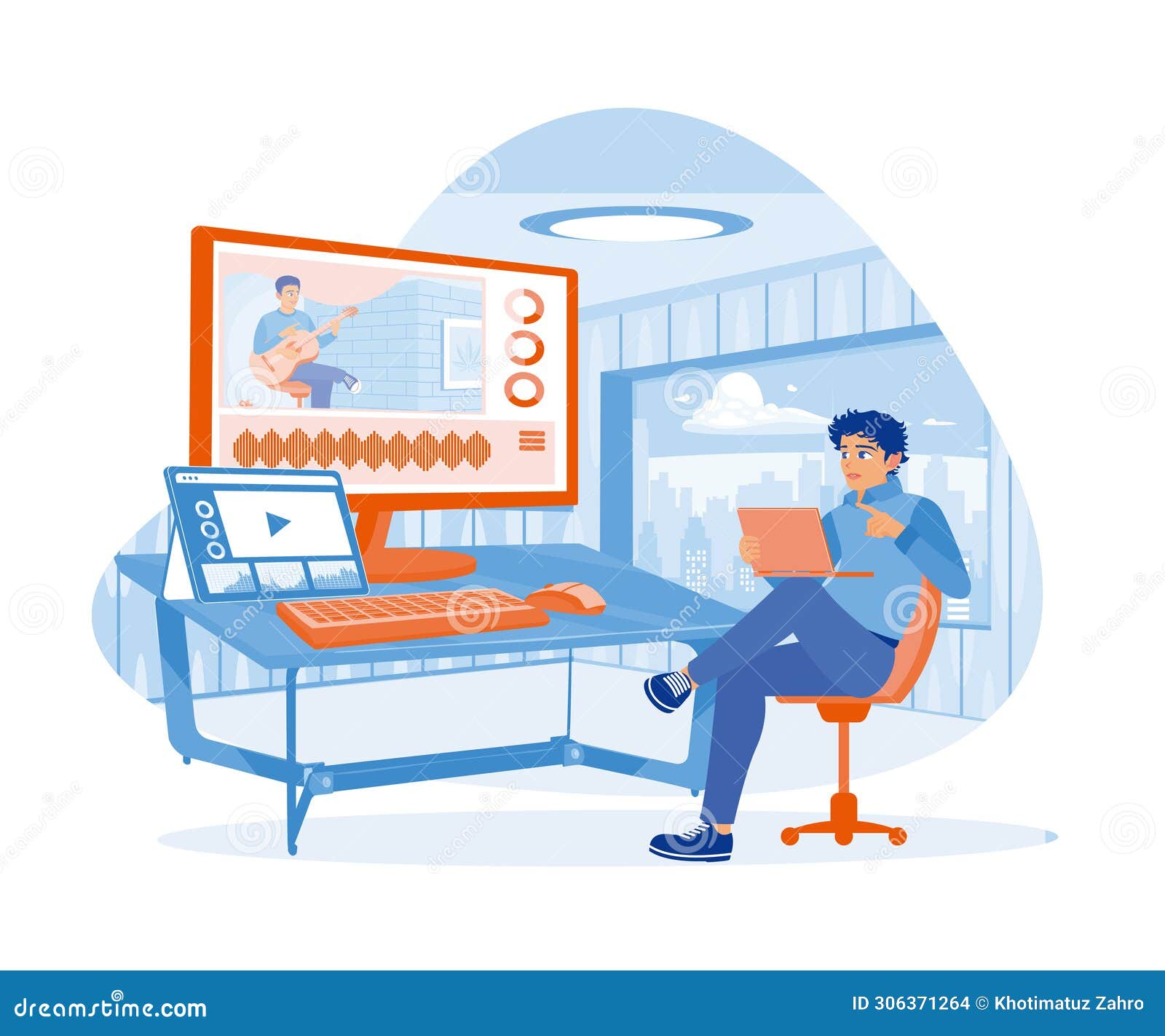 Male Video Editor Working in Creative Office Loft. Working with ...