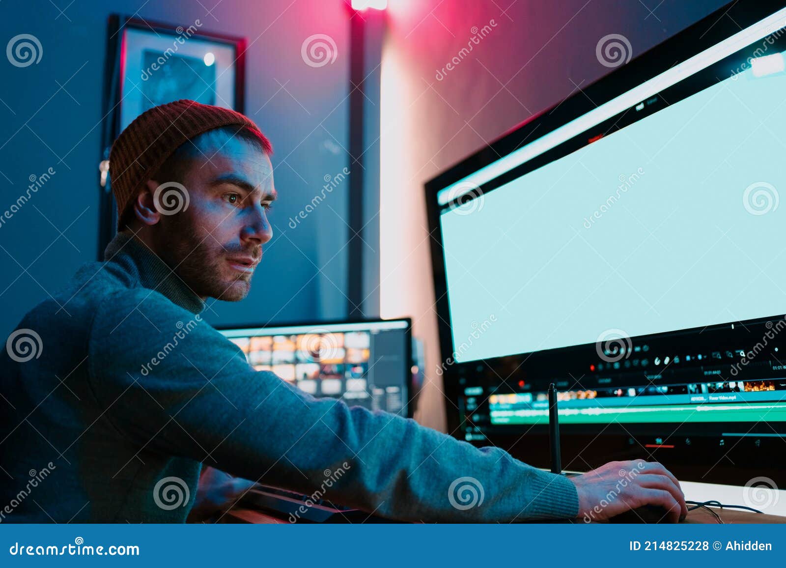 Male Video Editor Working on His Personal Computer with Big Blank ...