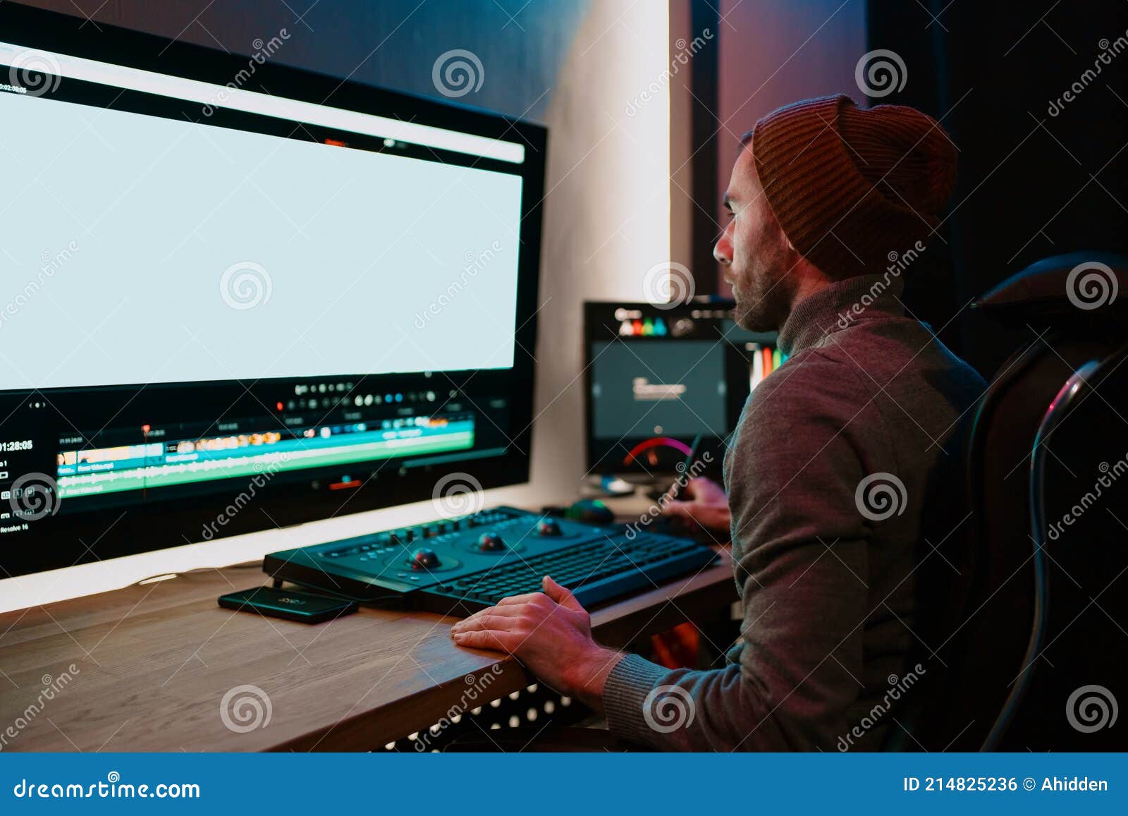 Male Video Editor Working on His Personal Computer with Big Blank ...