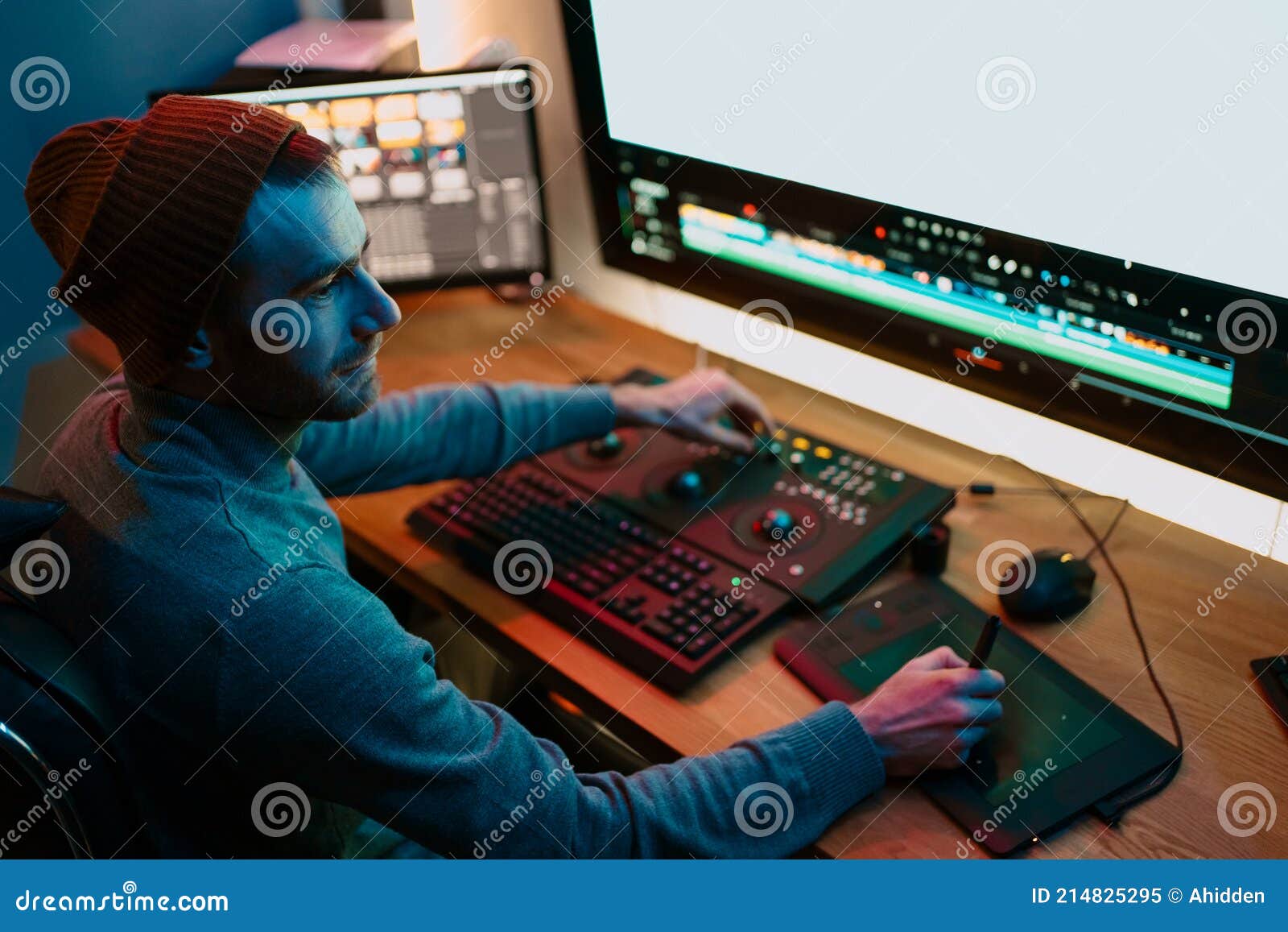 Male Video Editor Working on His Personal Computer with Big Blank ...