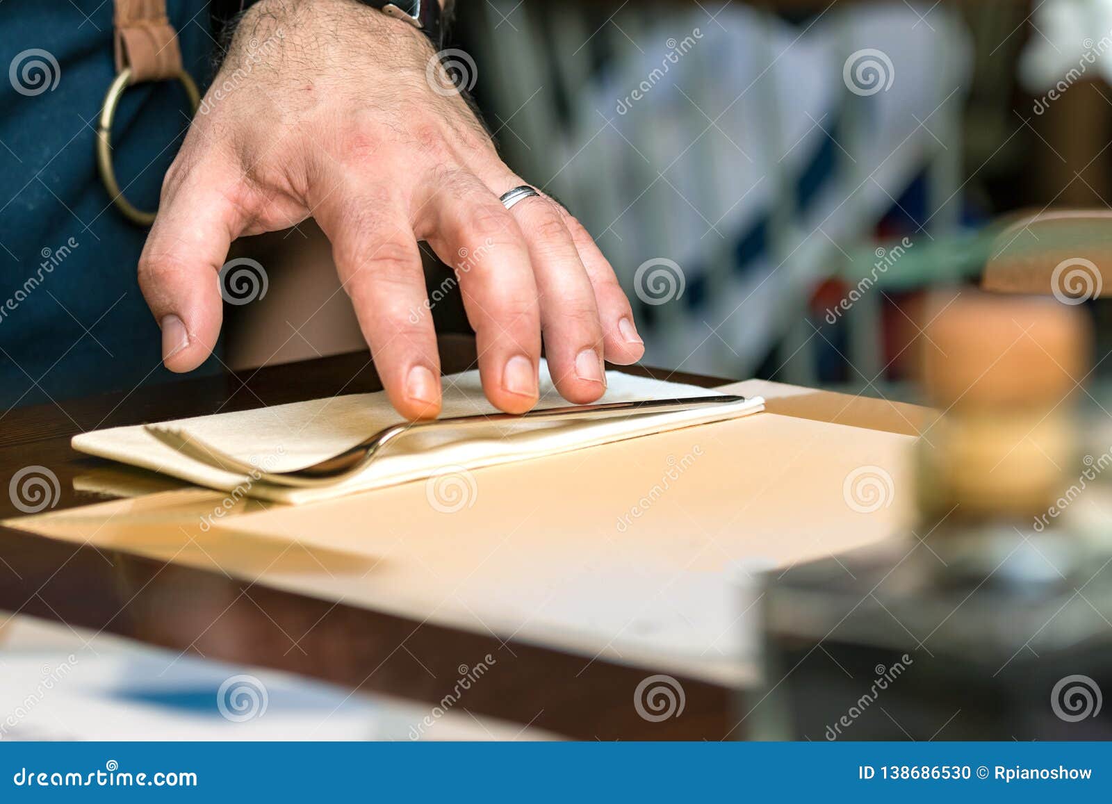 Male Waiter Hand Setting Up a Table, Close Up Stock Photo - Image of ...