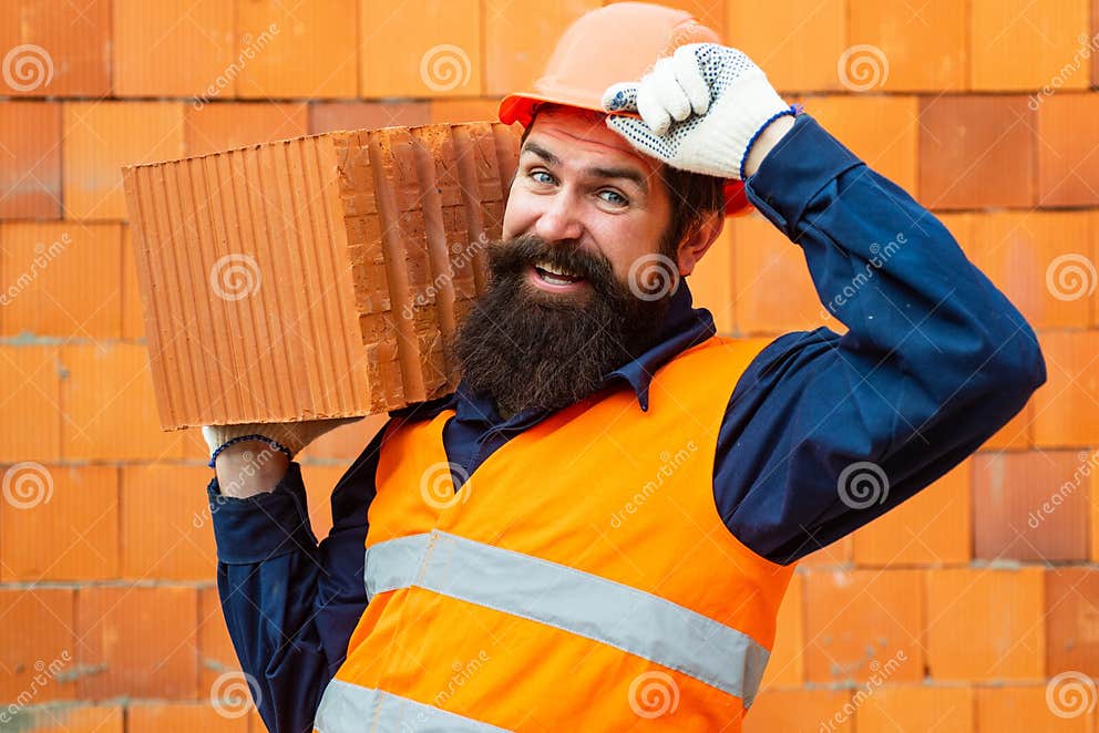 Male Work. Builder. a Man at Work. Working Day. Hard Work. Bearded Builder with Bricks. Stock ...