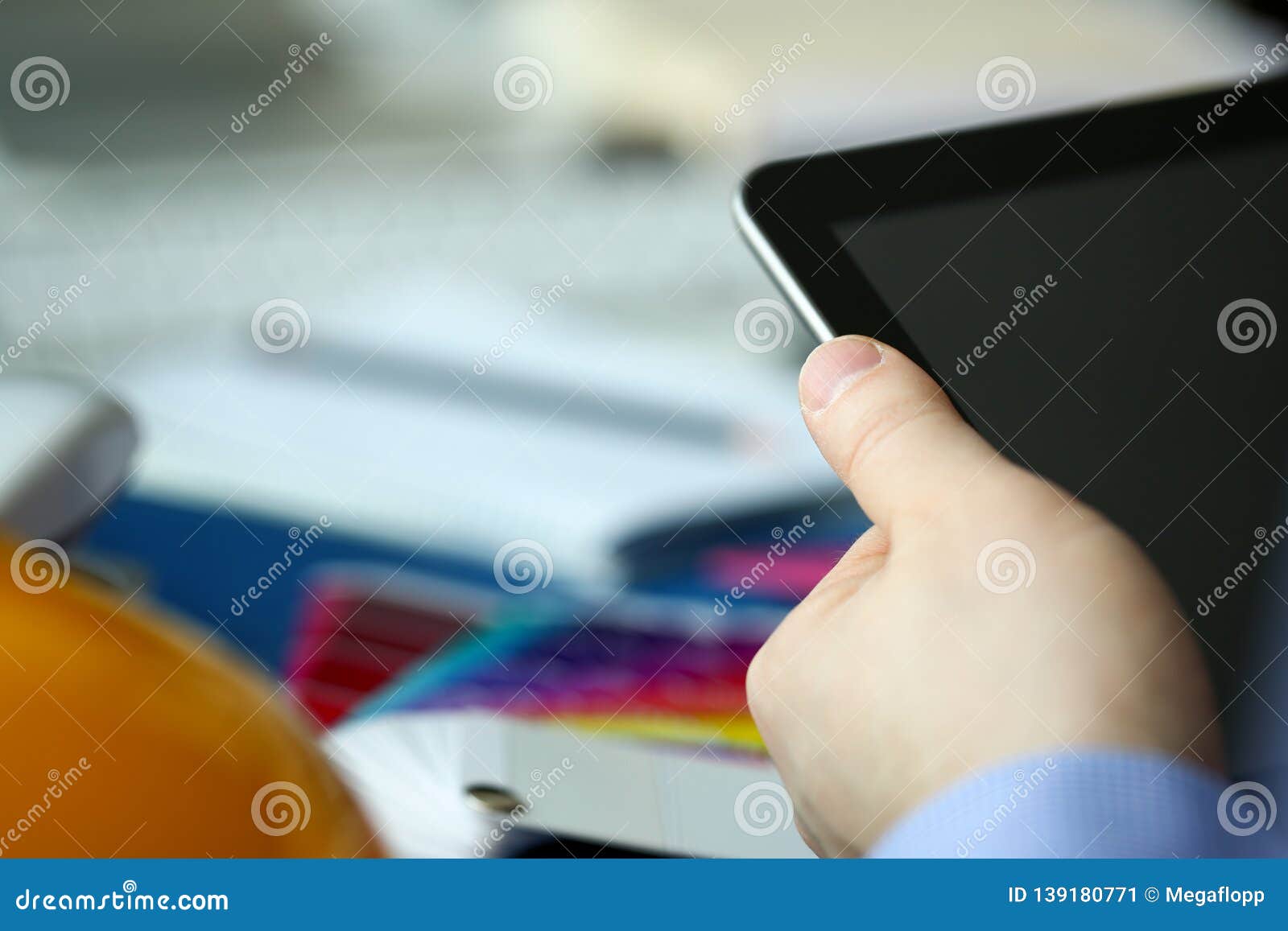 Male Worker Arm Use Pad Pc Closeup at Workplace Stock Image - Image of ...