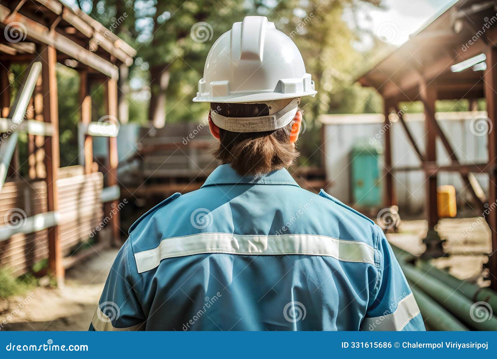 Male Worker in Blue Uniform and White Hat Has Back in Construction Site ...