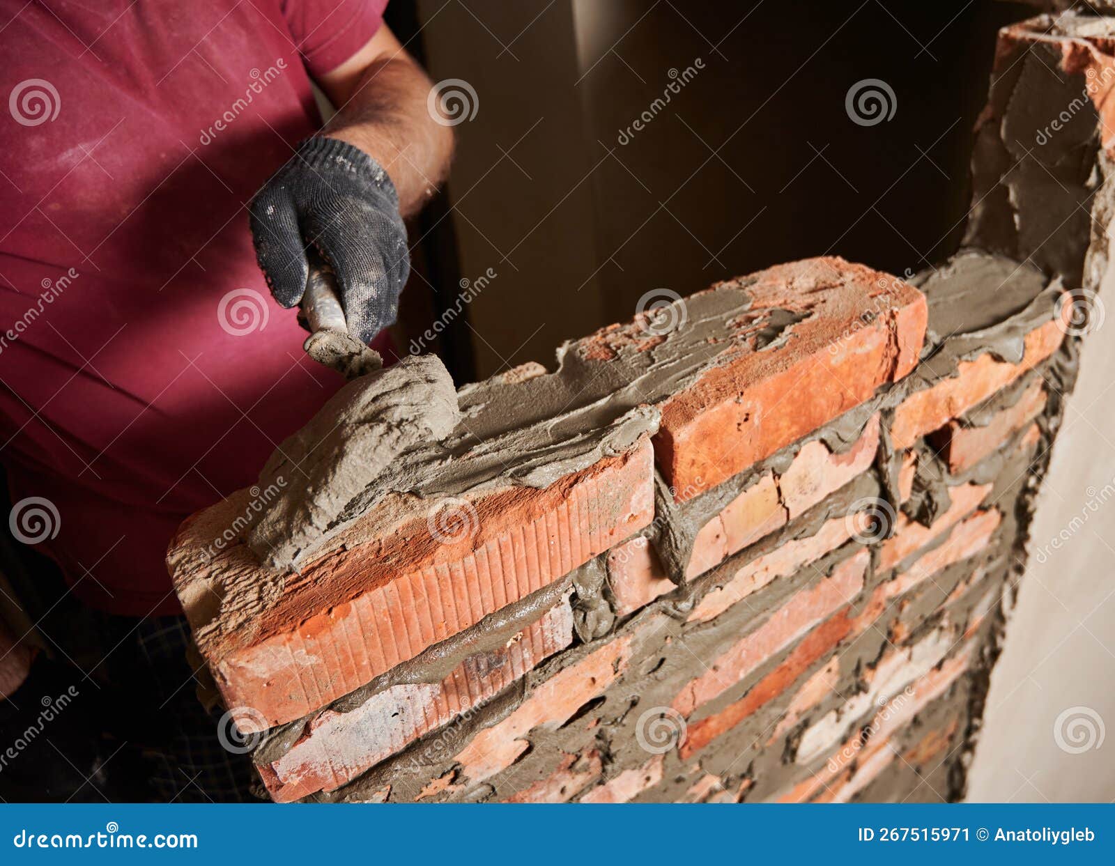 Male Worker Building Brick Wall at Constructing Site. Stock Image ...
