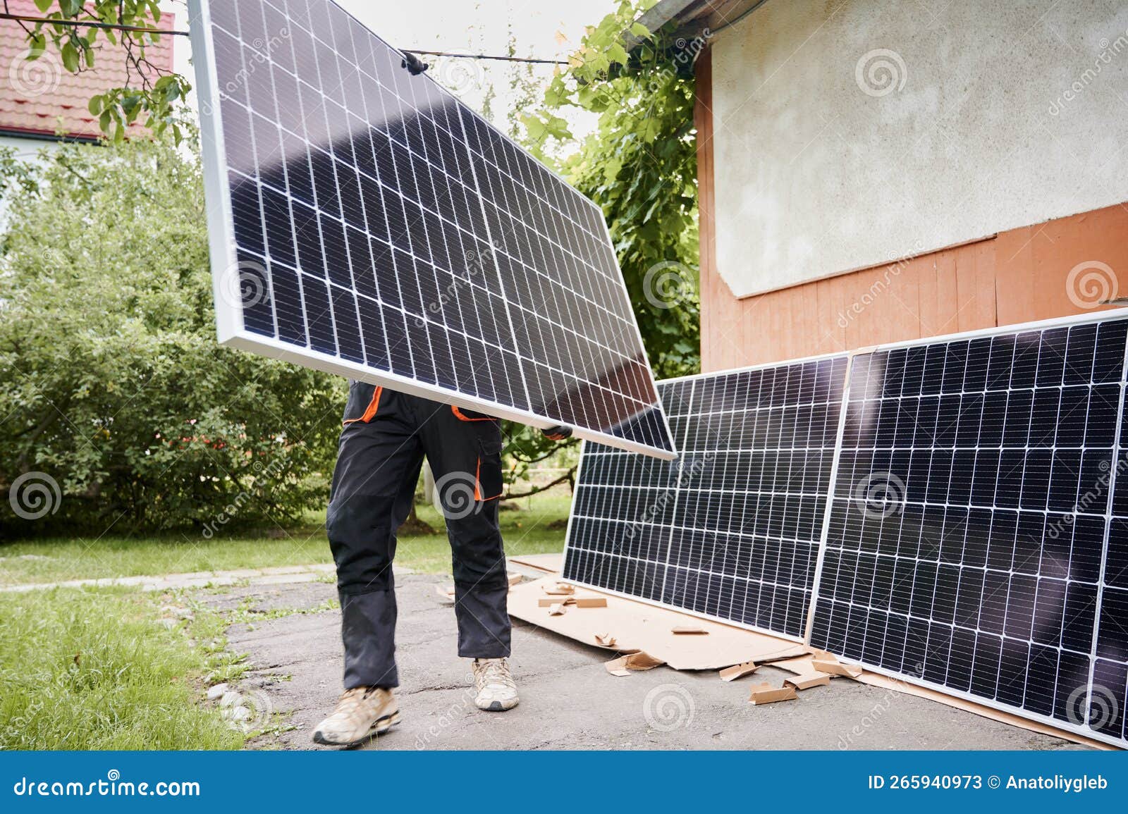 Male Worker Carrying Solar Panel for Installing Stock Image - Image of ...