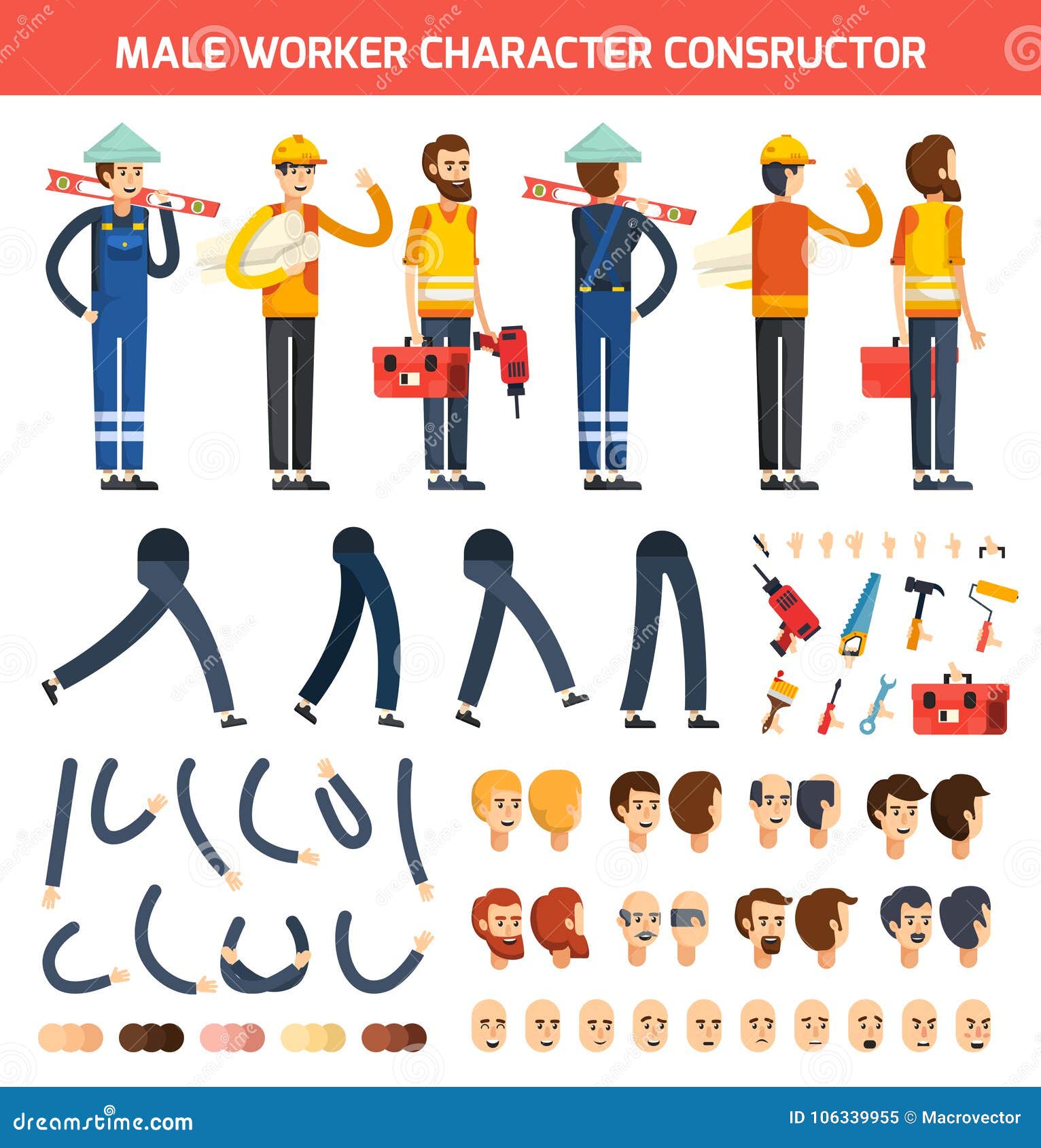 Male Worker Character Constructor Composition Stock Vector ...
