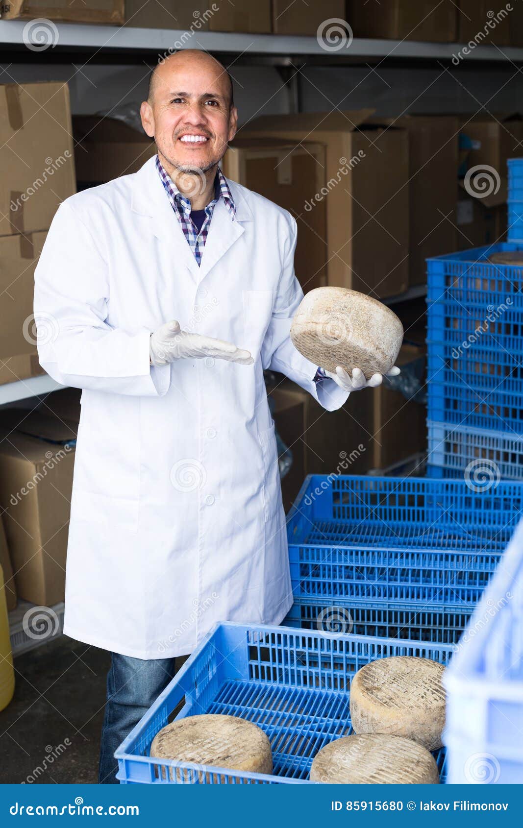 Male Worker at Cheese Factory Stock Photo - Image of process, closeup ...