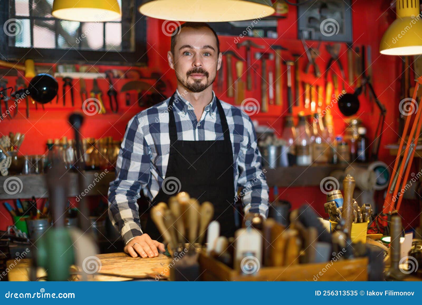Male Worker Demonstrating Workplace and Tools in Leather Stock Image ...