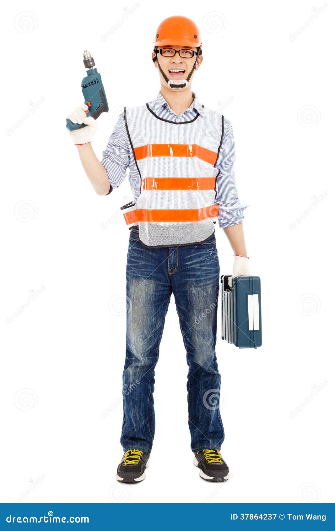 Male Worker Holding Power Drill and Tool Box Stock Image - Image of ...
