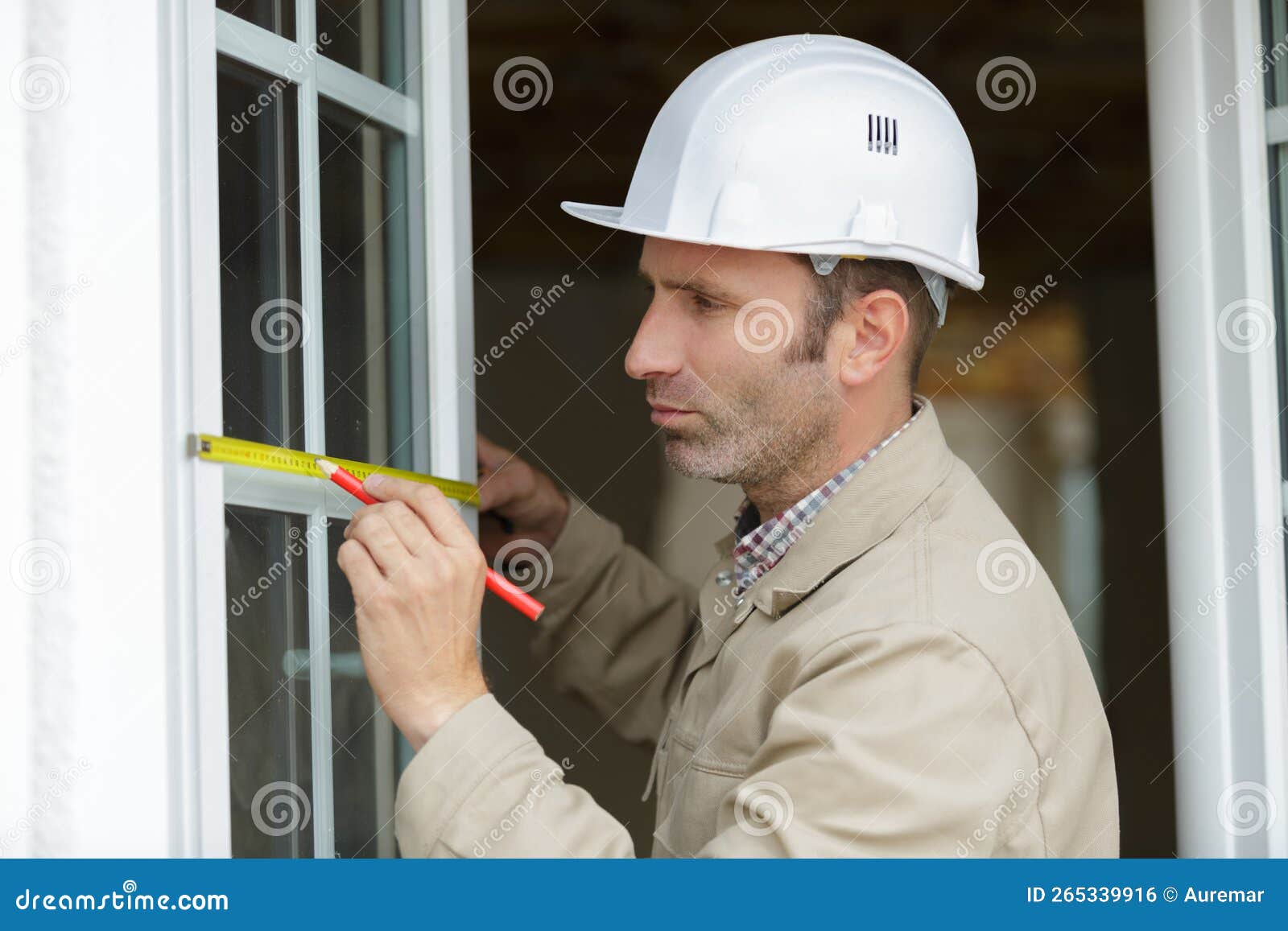 Male Worker Measuring Window Stock Photo - Image of hand, profession ...