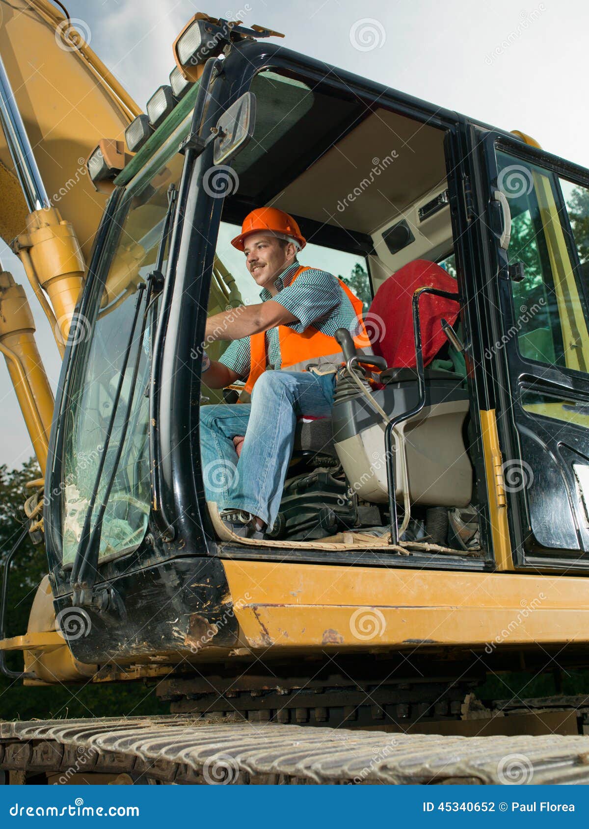 Male Worker Operating Excavator Stock Photo - Image of happy, hardhat ...