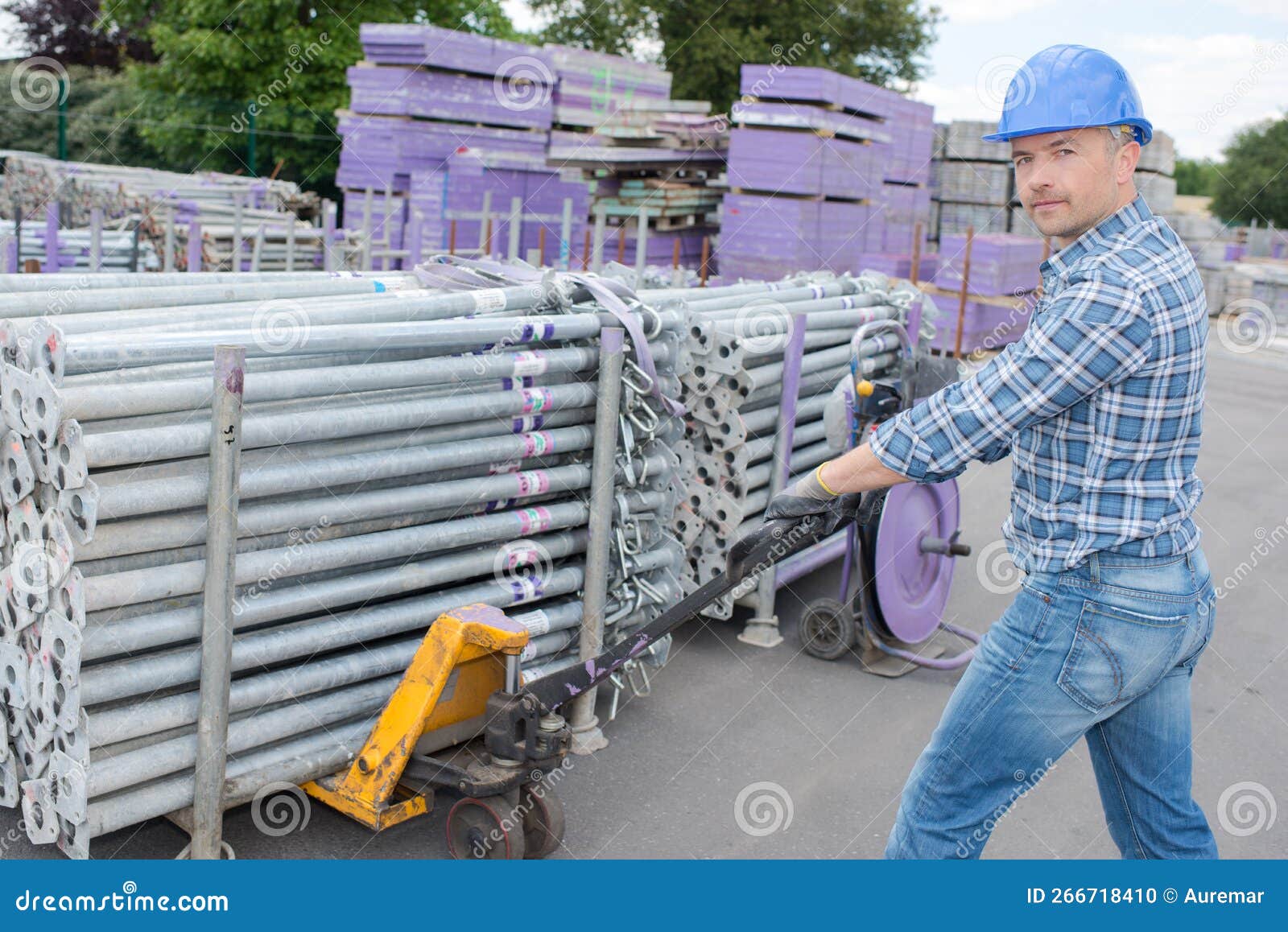 Male Worker Pulling Pallet Truck Stock Photo - Image of transportation ...
