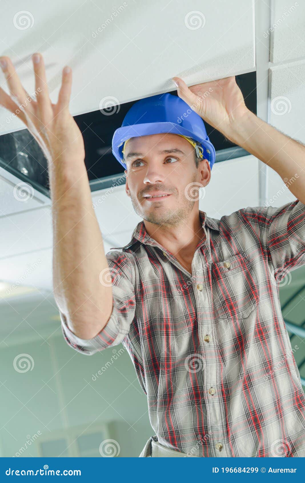 Male Worker Removing Ceiling Panels Stock Image - Image of installing ...