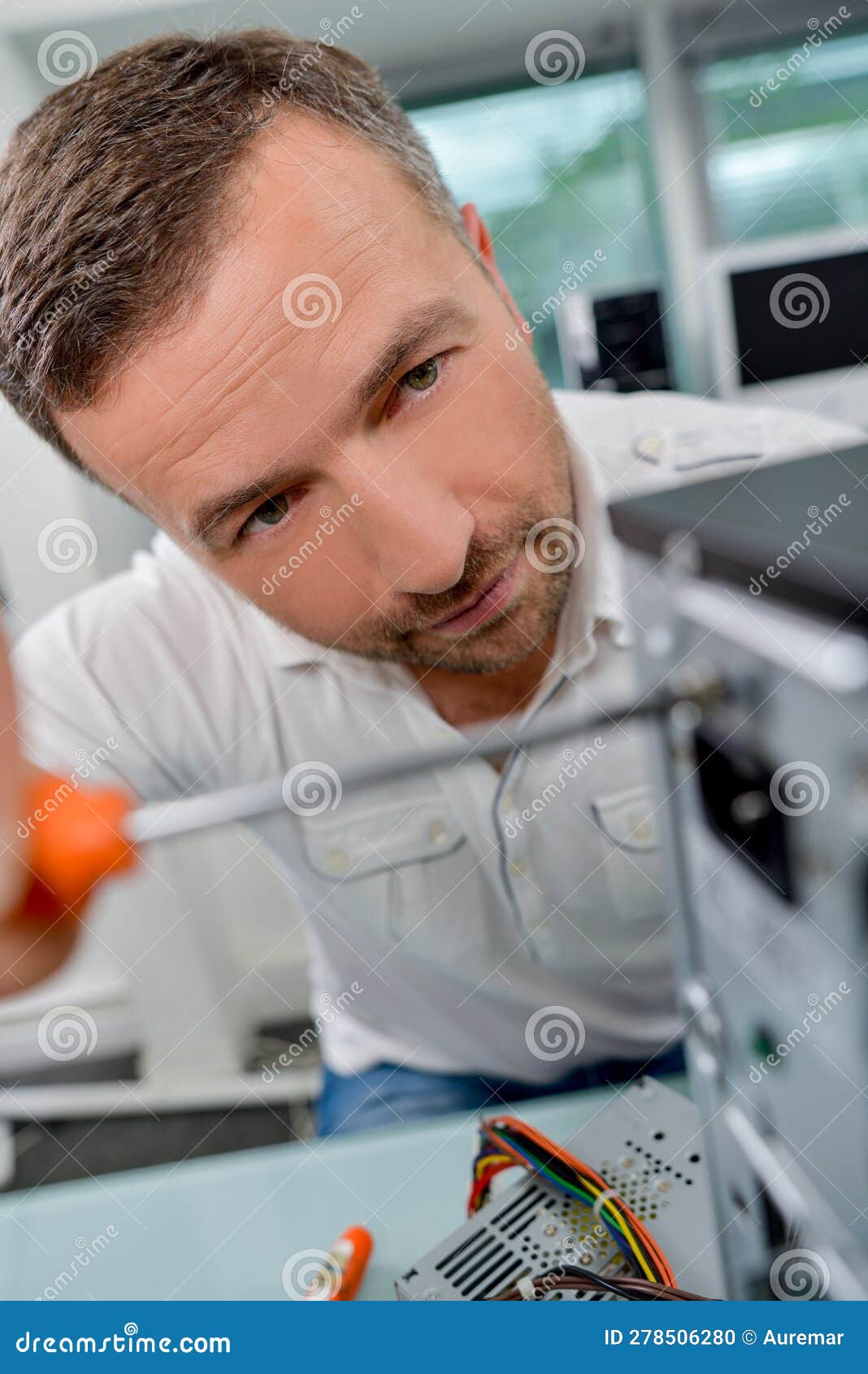 Male Worker Repairing Old Pc Stock Photo - Image of fixing, industry ...