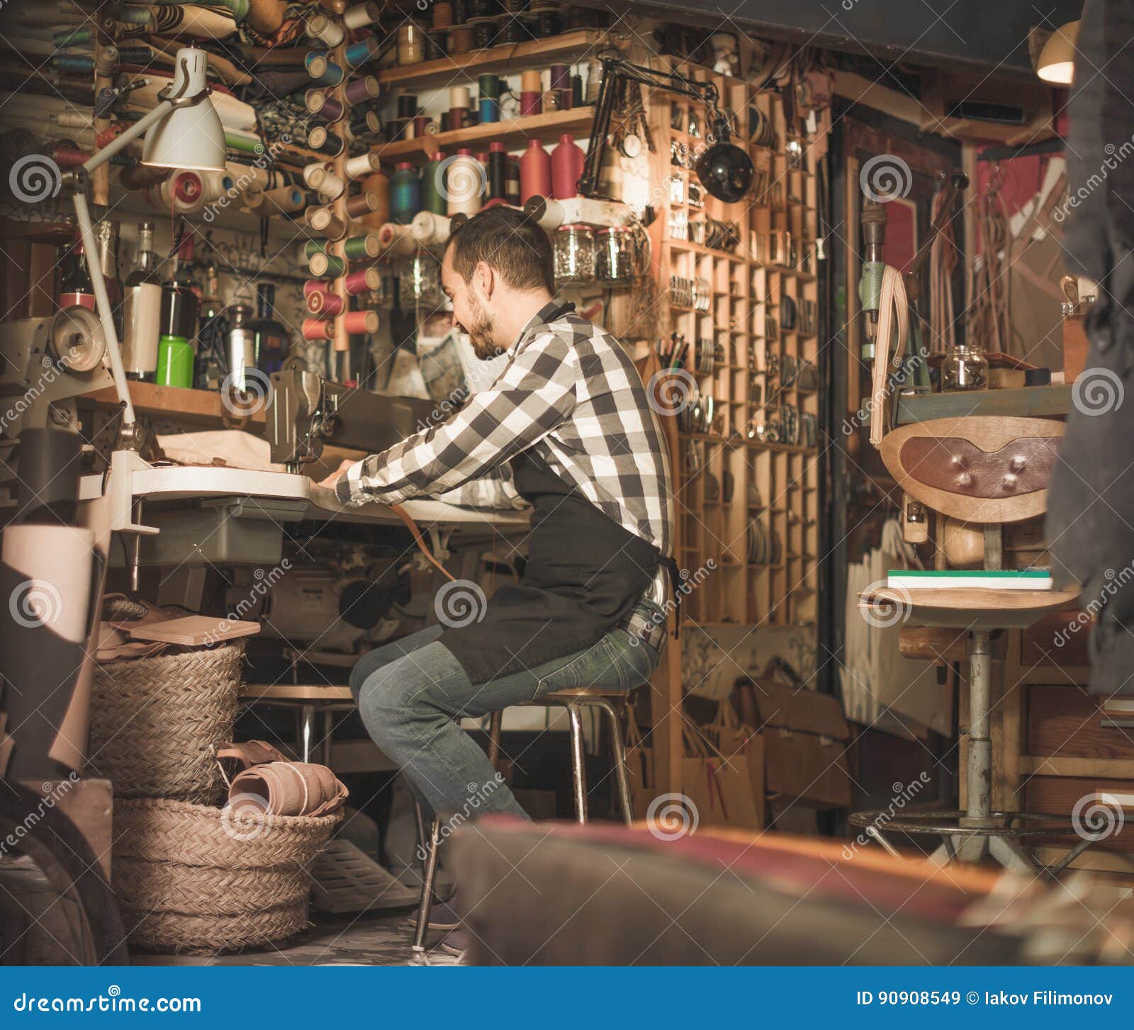 Male Worker Sewing Stitches on Belt in Leather Workshop Stock Image ...