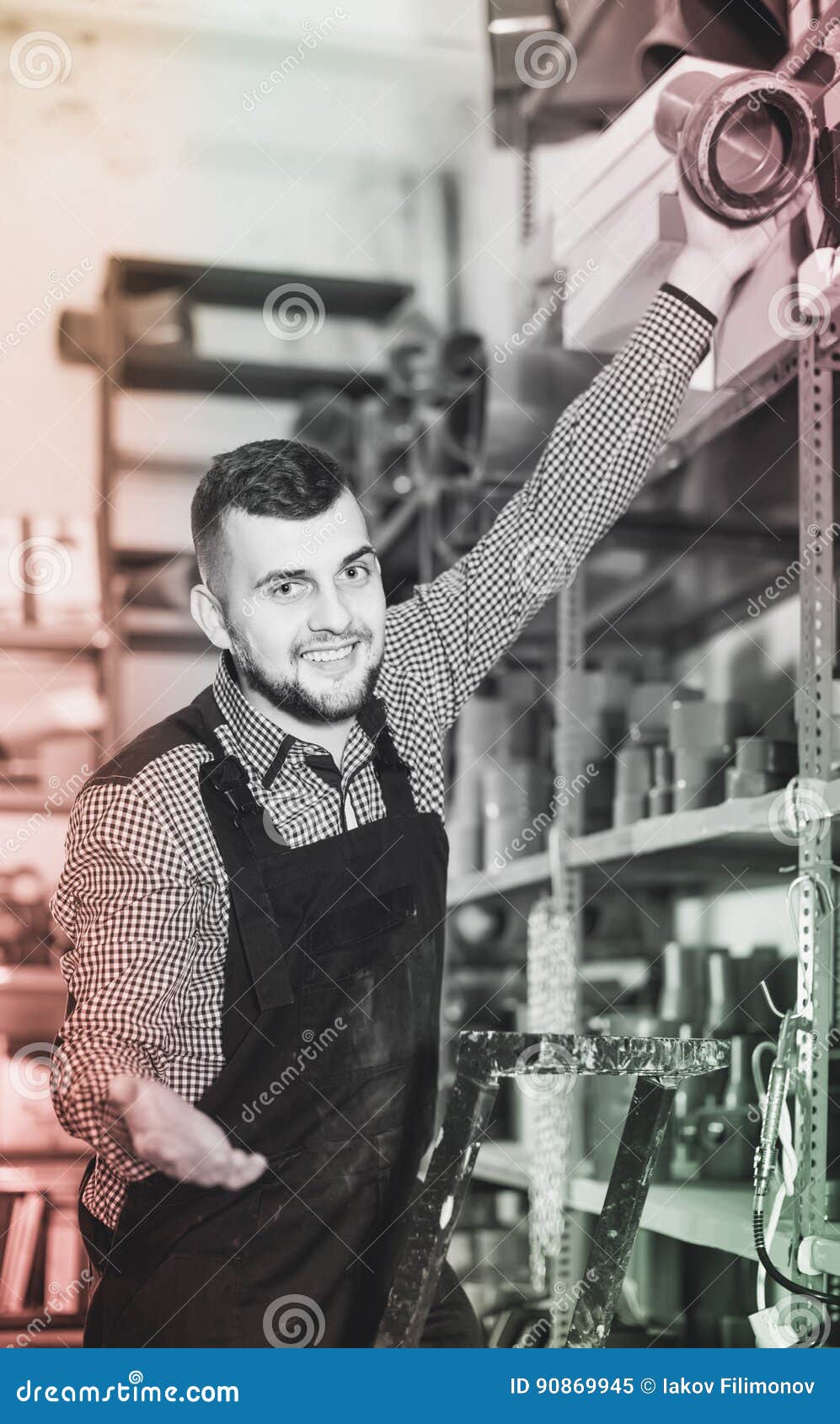 Male Worker Showing His Workplace at Workshop Stock Image - Image of ...