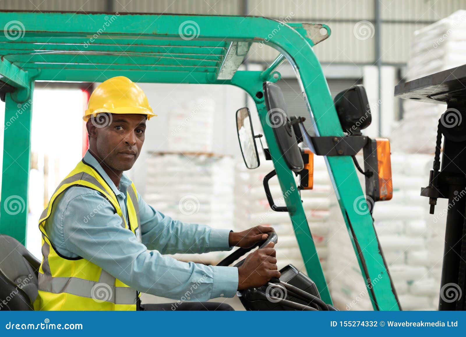 Male Worker Sitting in Forklift and Looking at Camera in Warehouse ...