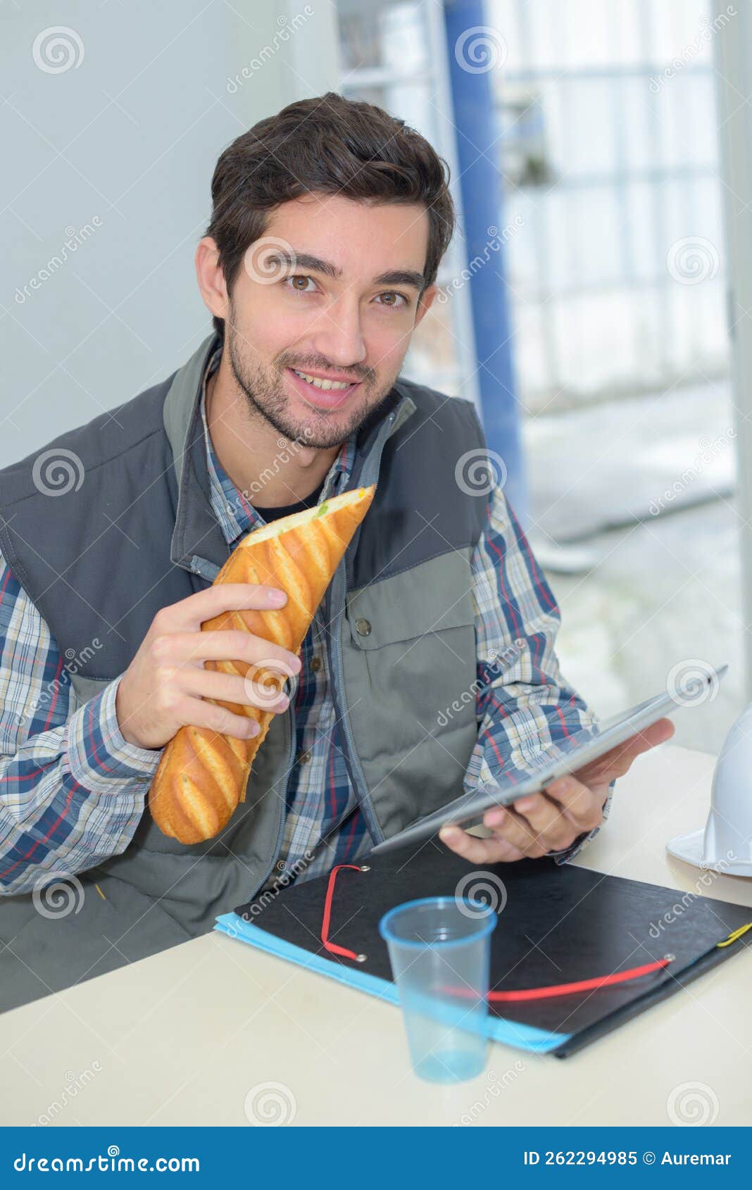 Male Worker during Snack Break Stock Image - Image of management, pose ...