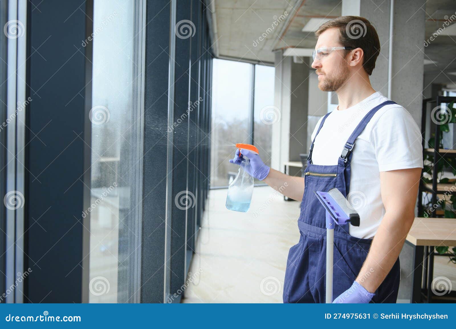 Male Worker Washing Window Glass Stock Image - Image of male, glass ...