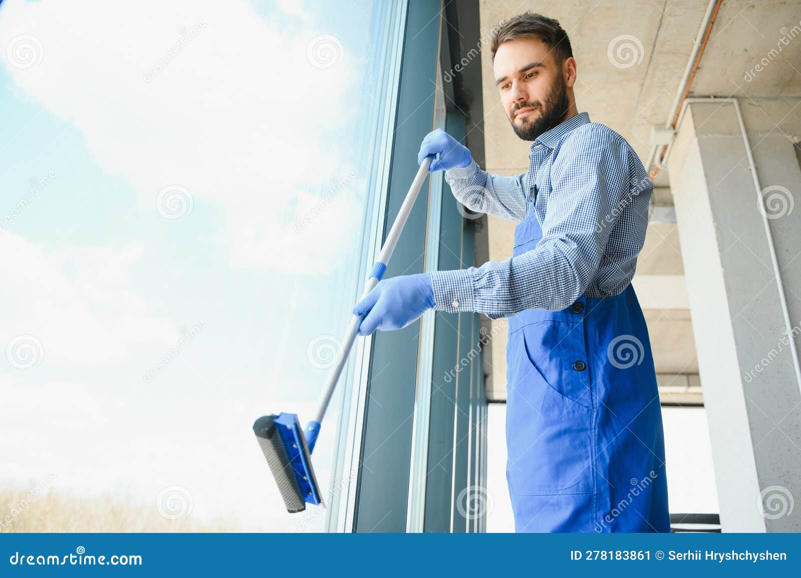 Male Worker Washing Window Glass. Stock Image - Image of disinfect ...