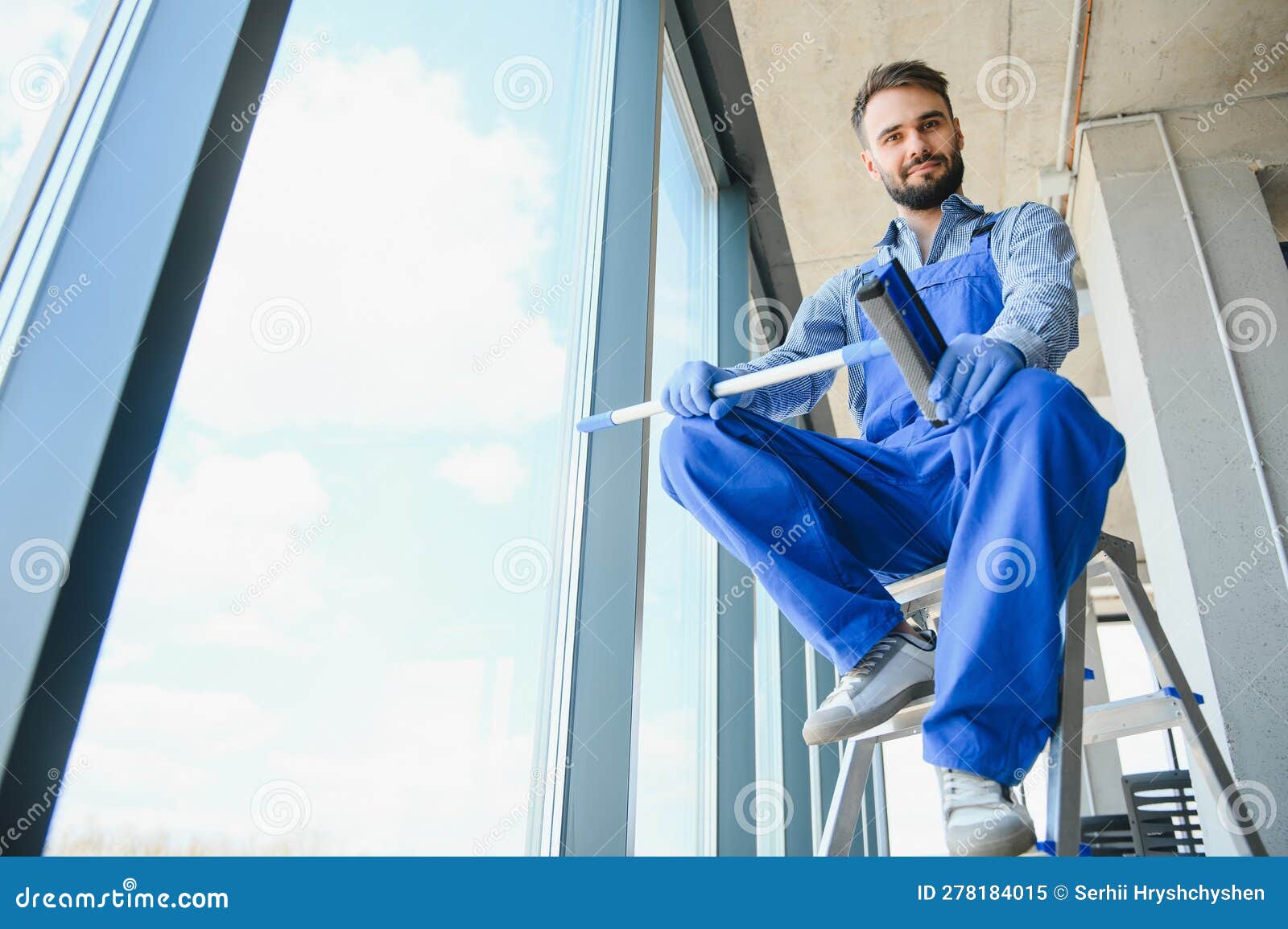 Male Worker Washing Window Glass. Stock Image - Image of skyscraper ...